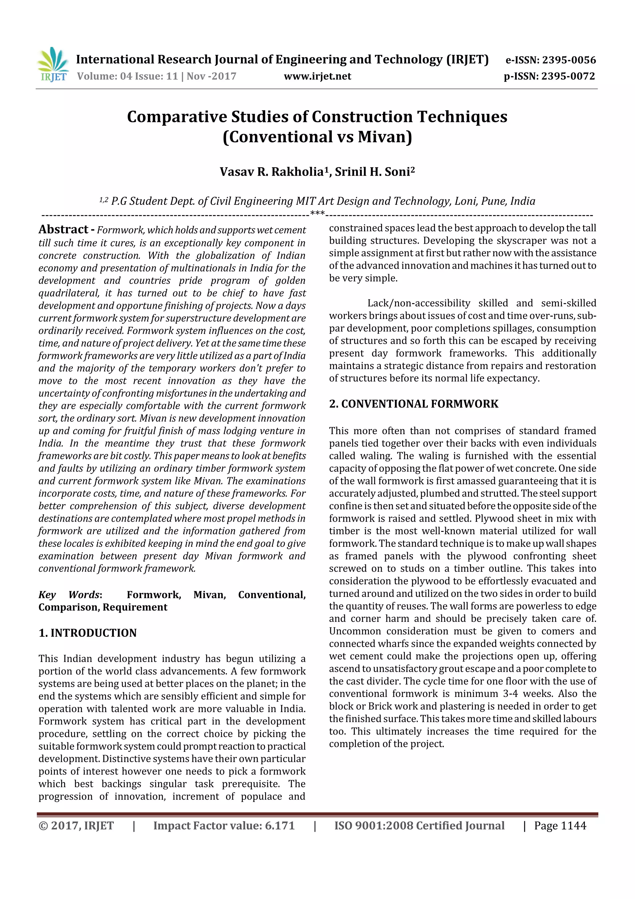 Comparative Studies of Construction Techniques (Conventional VS MIVAN ...