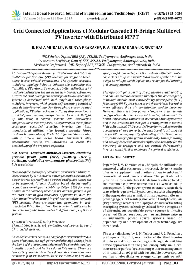 Grid Connected Applications of Modular Cascaded H-Bridge Multilevel PV Inverter with Distributed ...
