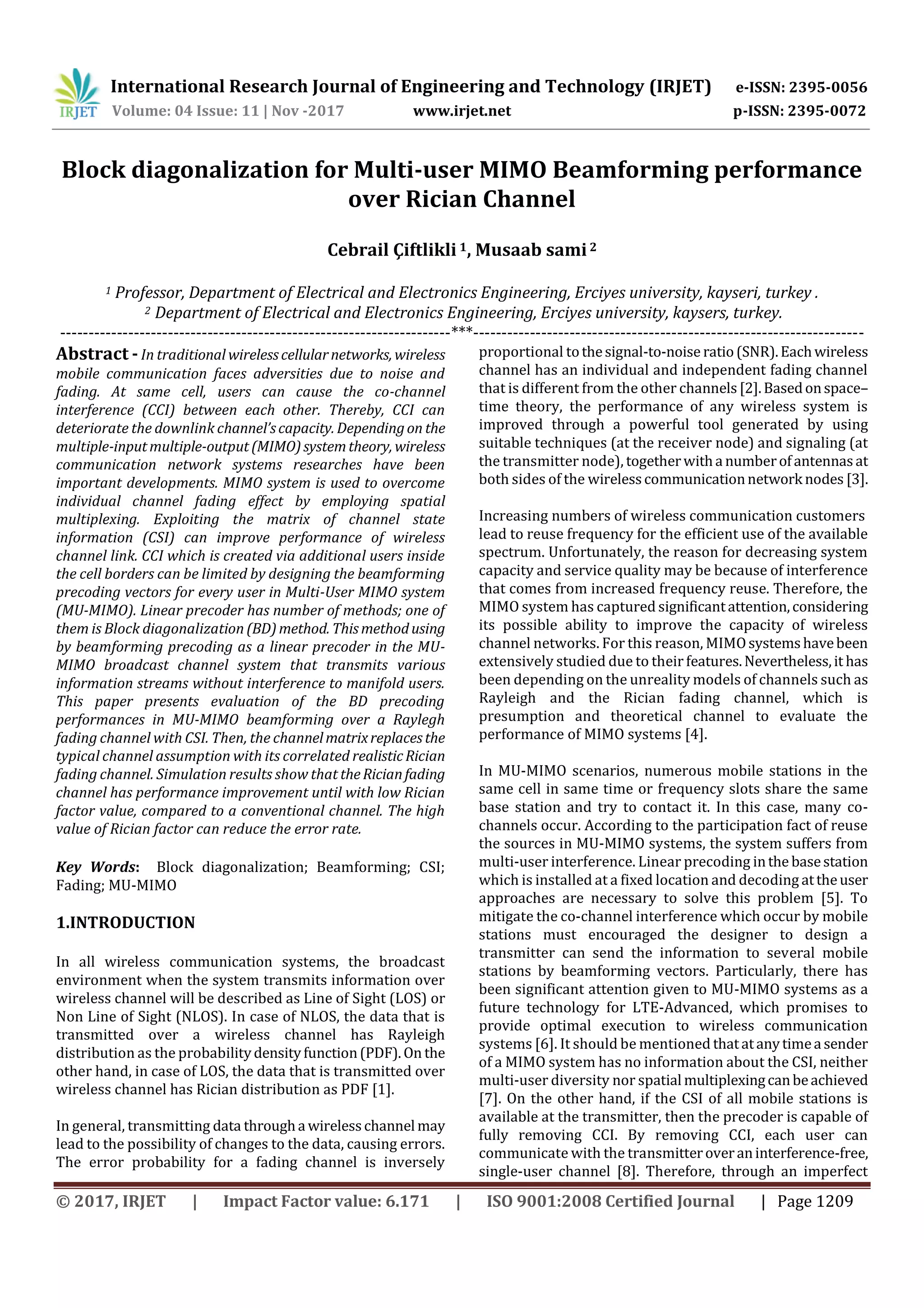 Block diagonalization for Multi-user MIMO Beamforming Performance over Rician Channel | PDF