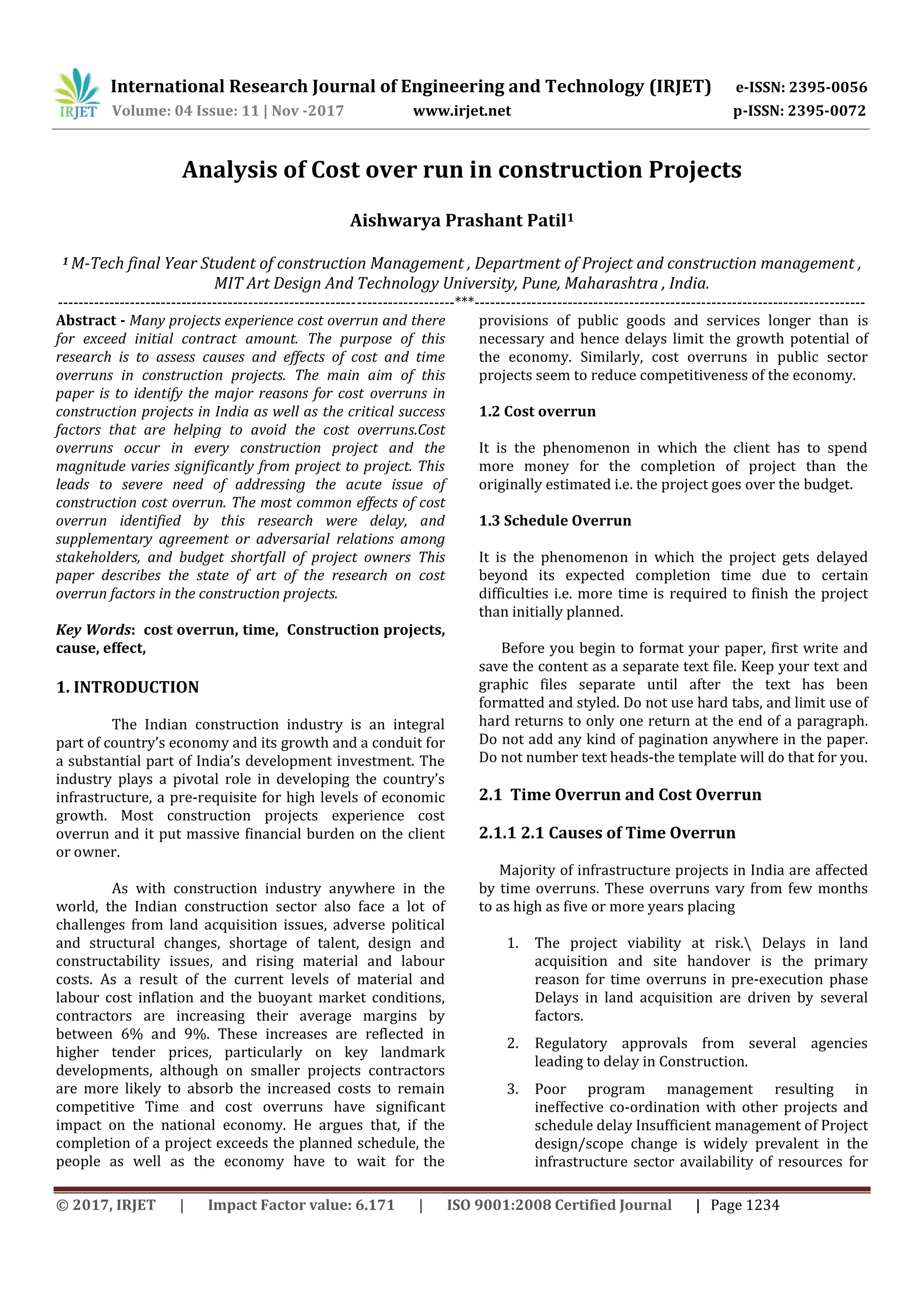 Analysis of Cost Over Run in Construction Projects | PDF