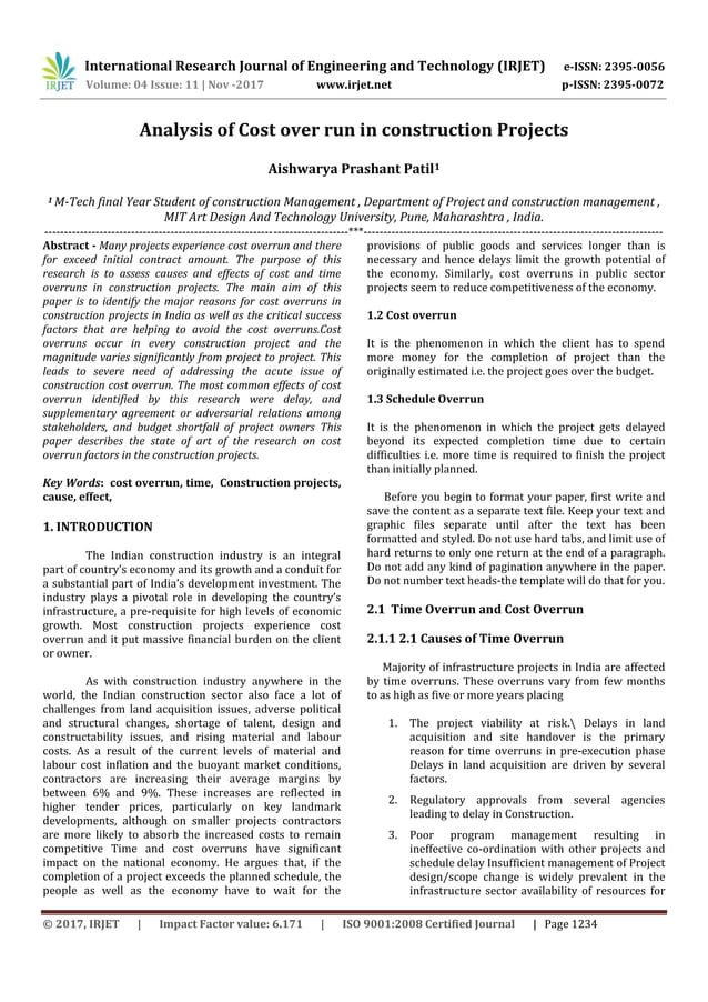 Analysis of Cost Over Run in Construction Projects | PDF