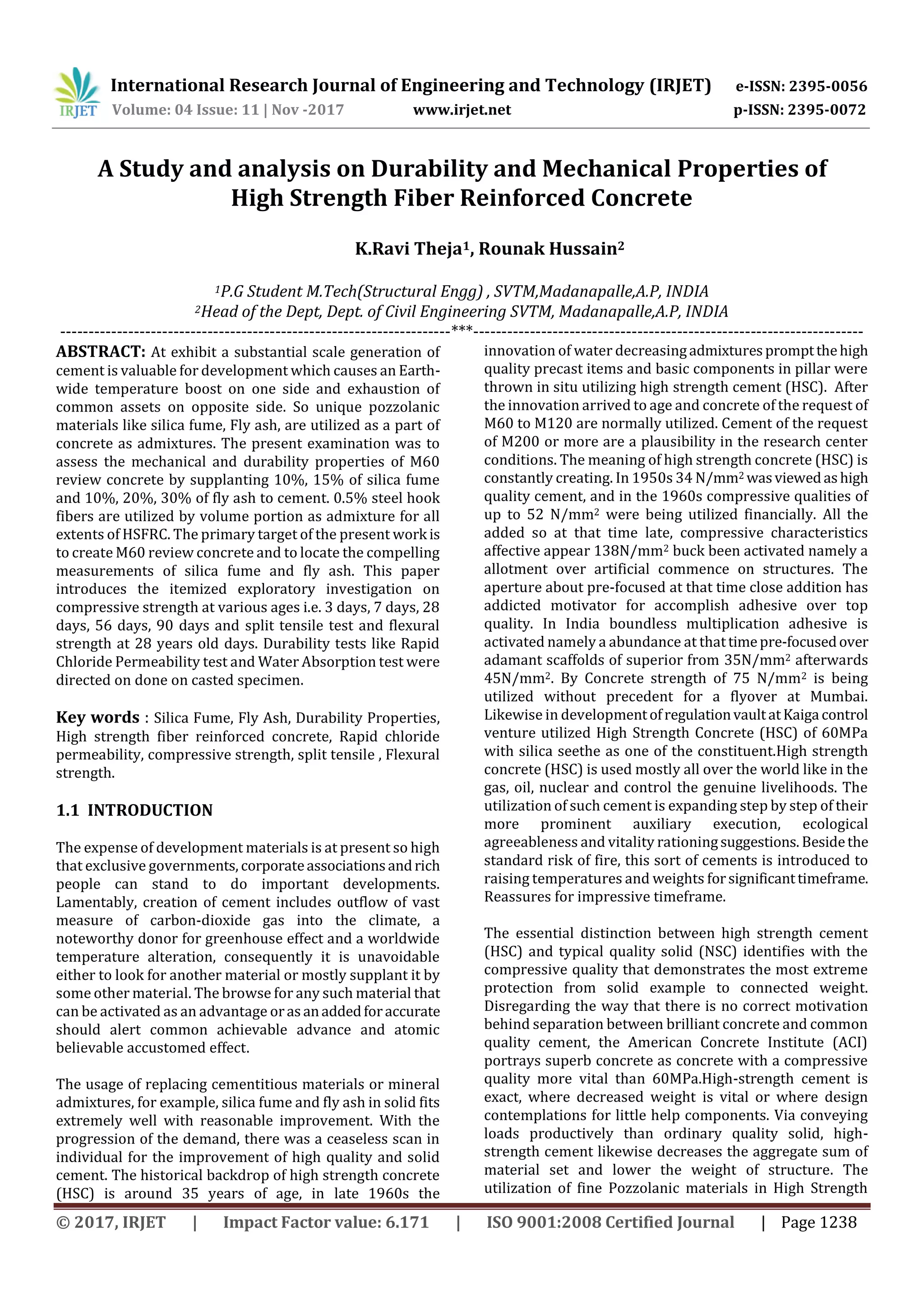 A Study and Analysis on Durability and Mechanical Properties of High ...