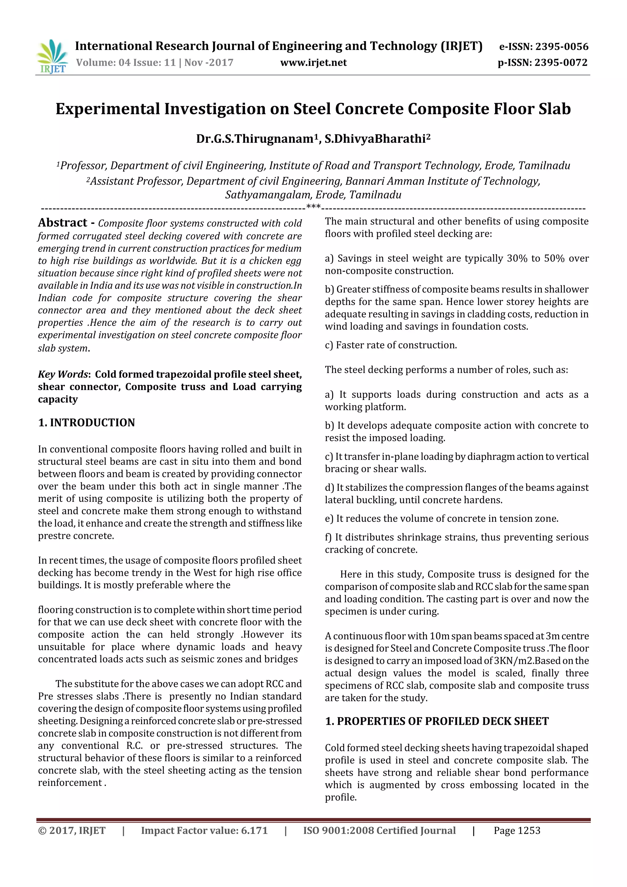 Experimental Investigation On Steel Concrete Composite Floor Slab Pdf Civil Engineering