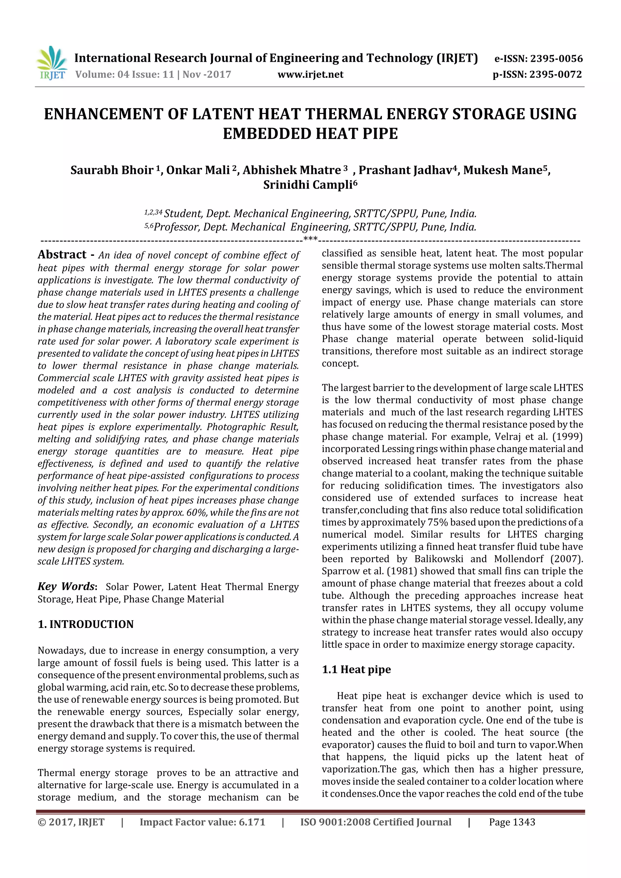 Enhancement of Latent Heat Thermal Energy Storage using Embedded Heat Pipe | PDF
