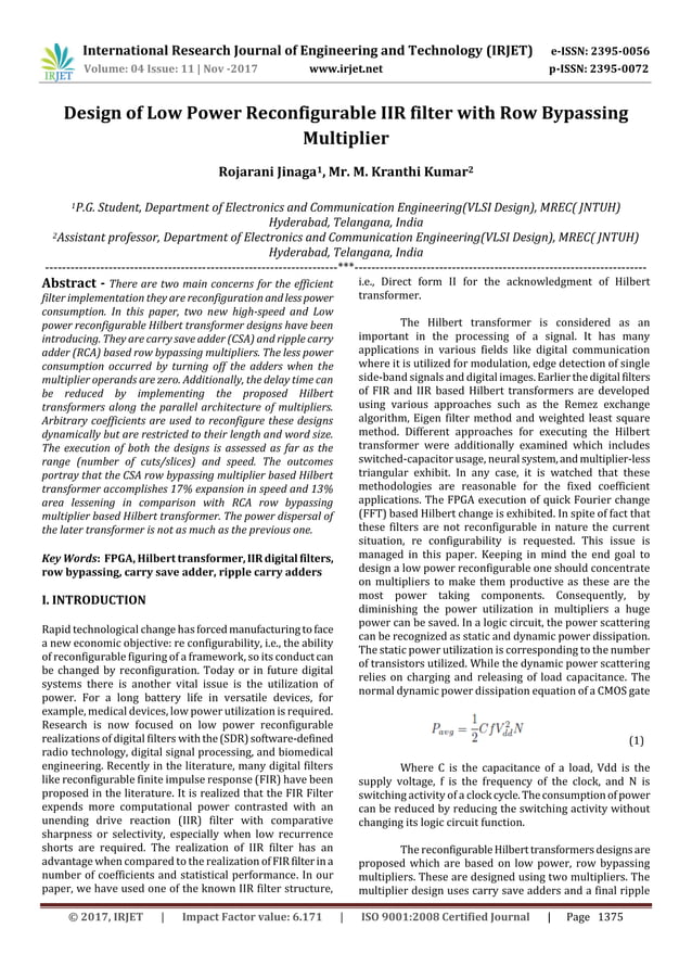 Design Of Low Power Reconfigurable Iir Filter With Row Bypassing Multiplier Pdf