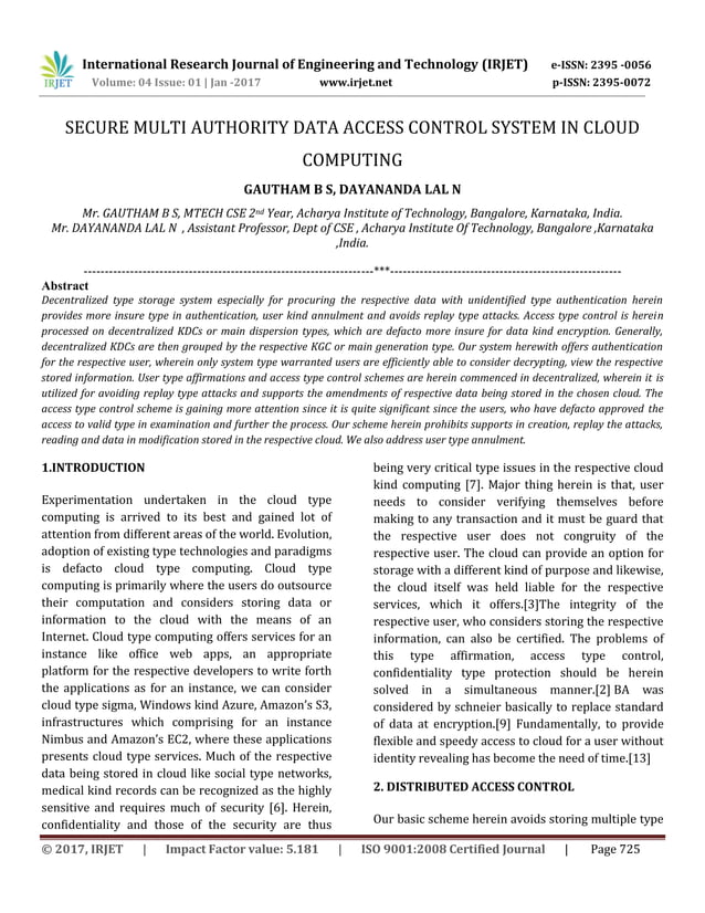 Secure Multi Authority Data Access Control System in Cloud Computing | PDF