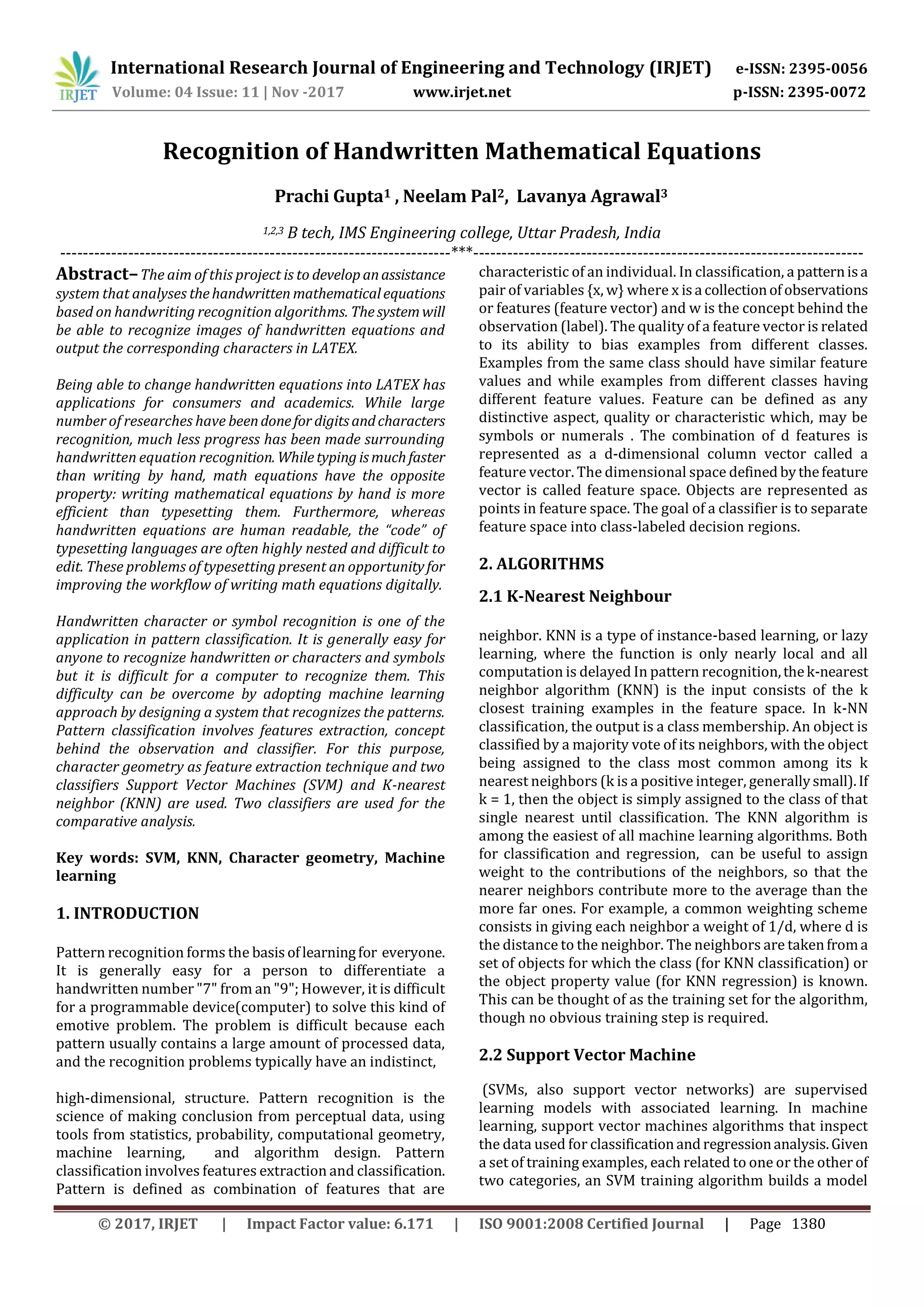 Recognition of Handwritten Mathematical Equations | PDF