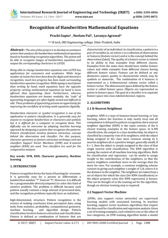 Recognition of Handwritten Mathematical Equations | PDF