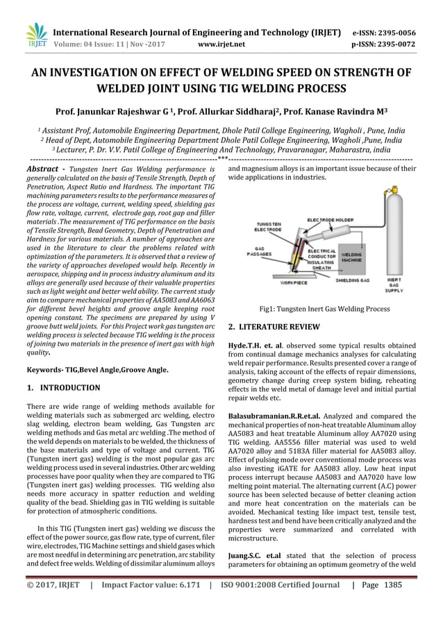 An Investigation on Effect of Welding Speed on Strength of Welded Joint using TIG Welding ...