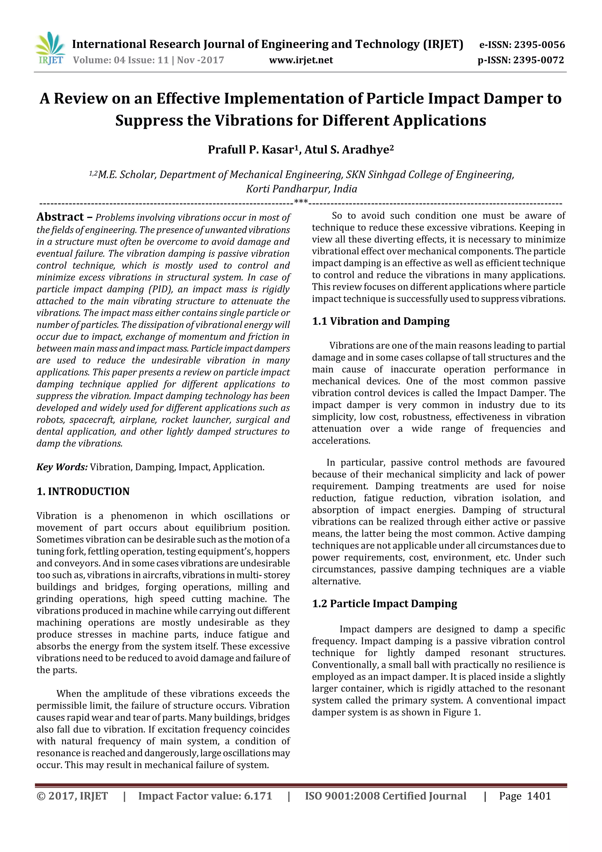 A Review on an Effective Implementation of Particle Impact Damper to Suppress the Vibrations for ...