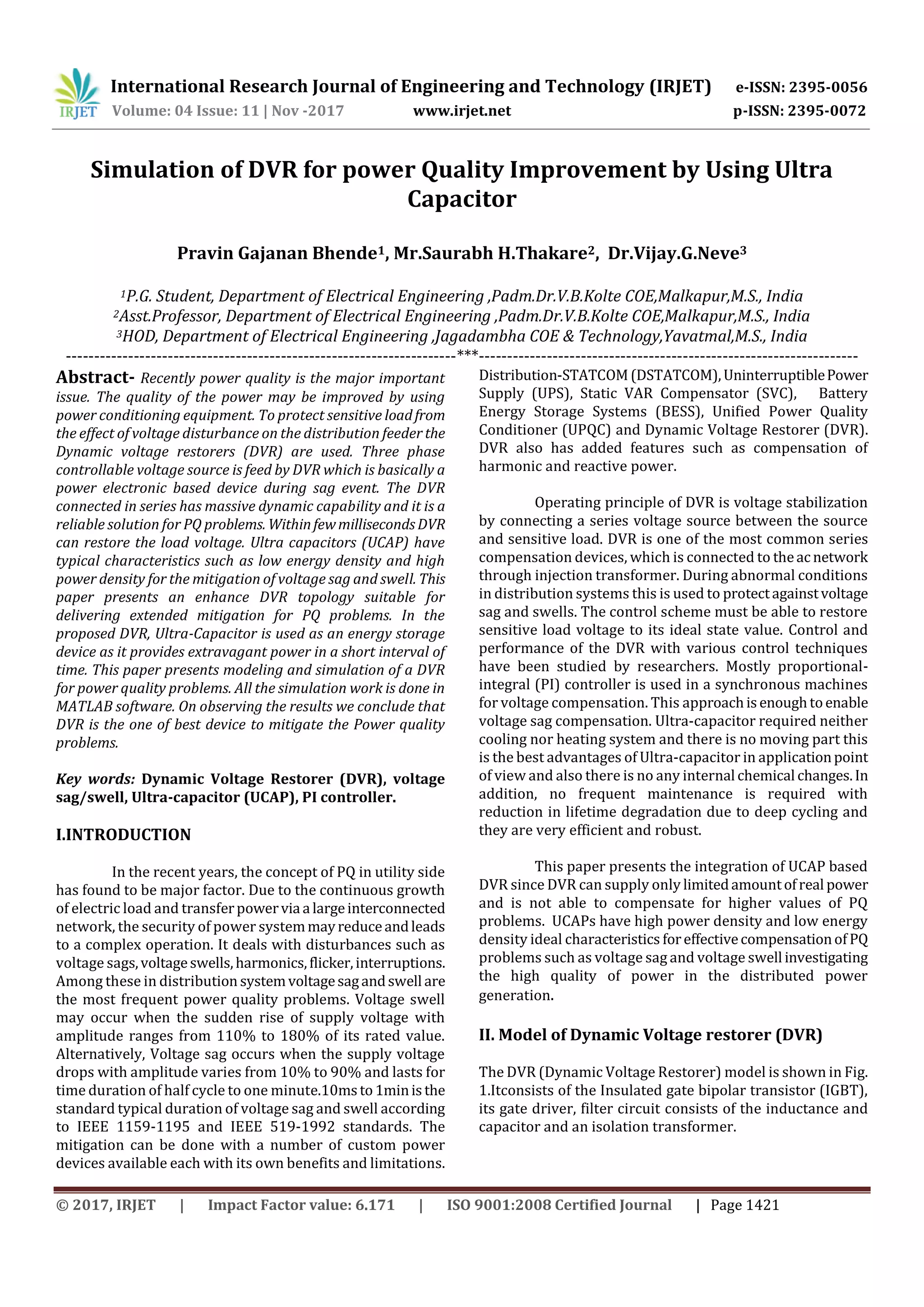 Simulation of DVR for power Quality Improvement by using Ultra ...