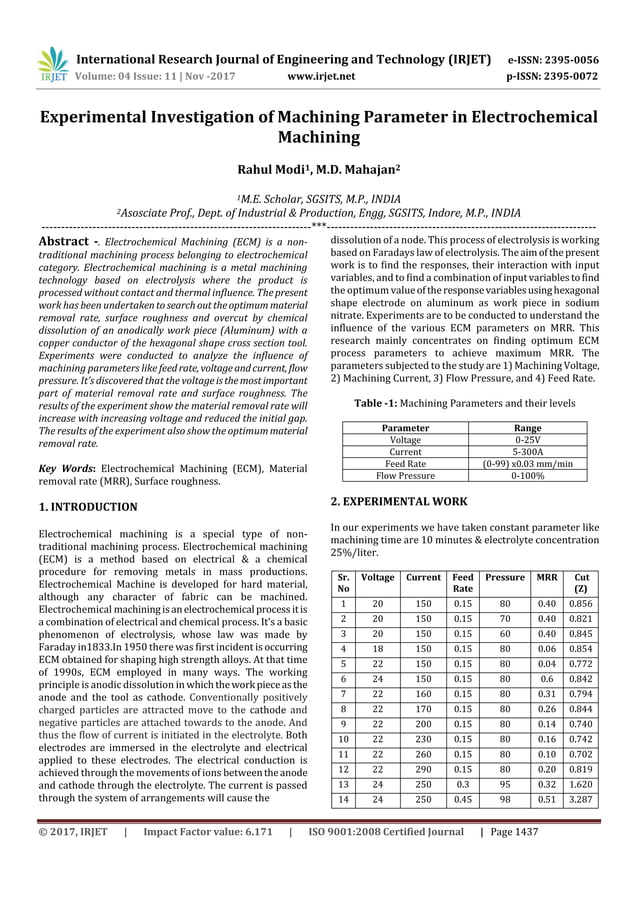 Experimental Investigation of Machining Parameter in Electrochemical Machining | PDF