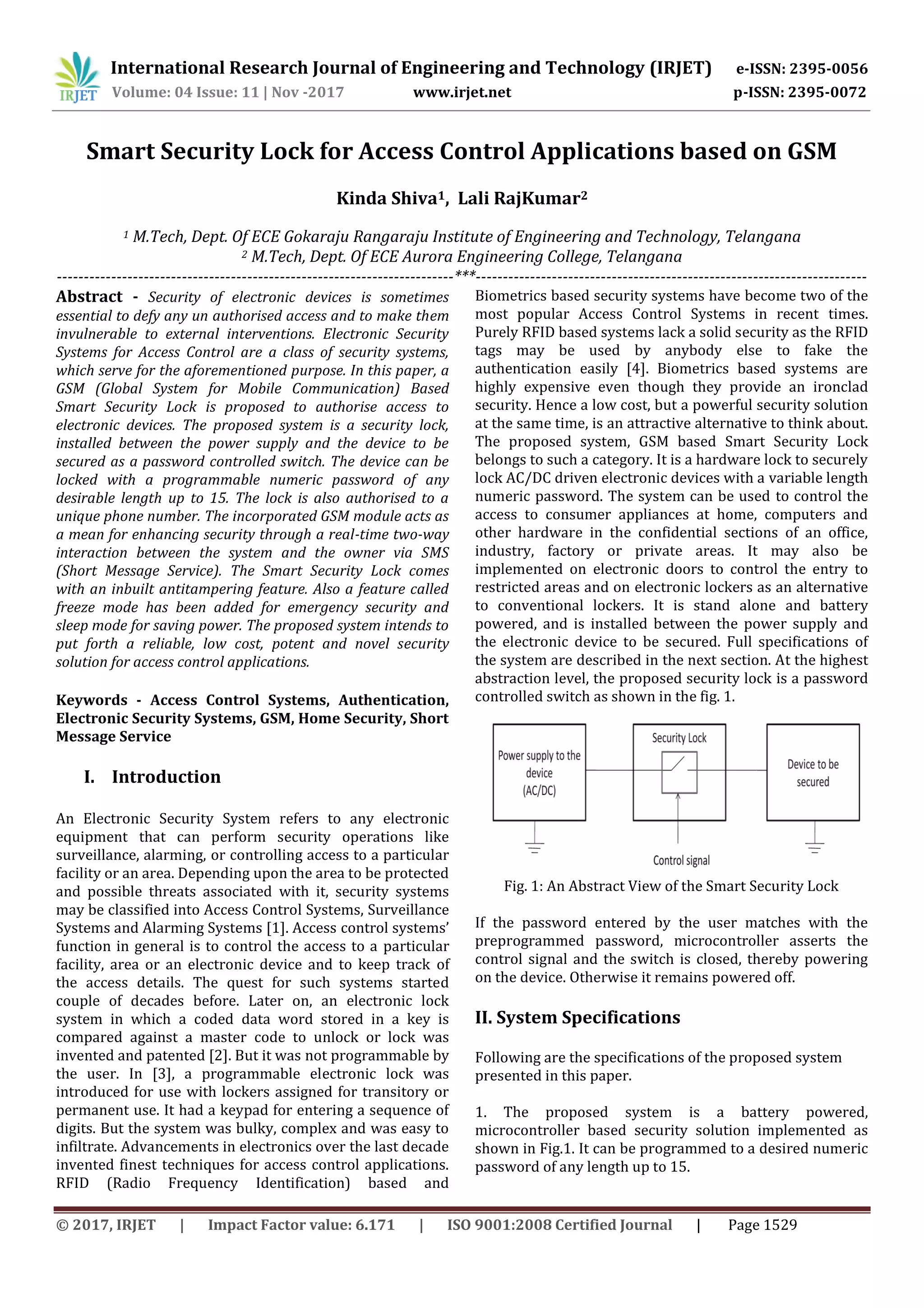 Smart Security Lock for Access Control Applications based on GSM | PDF