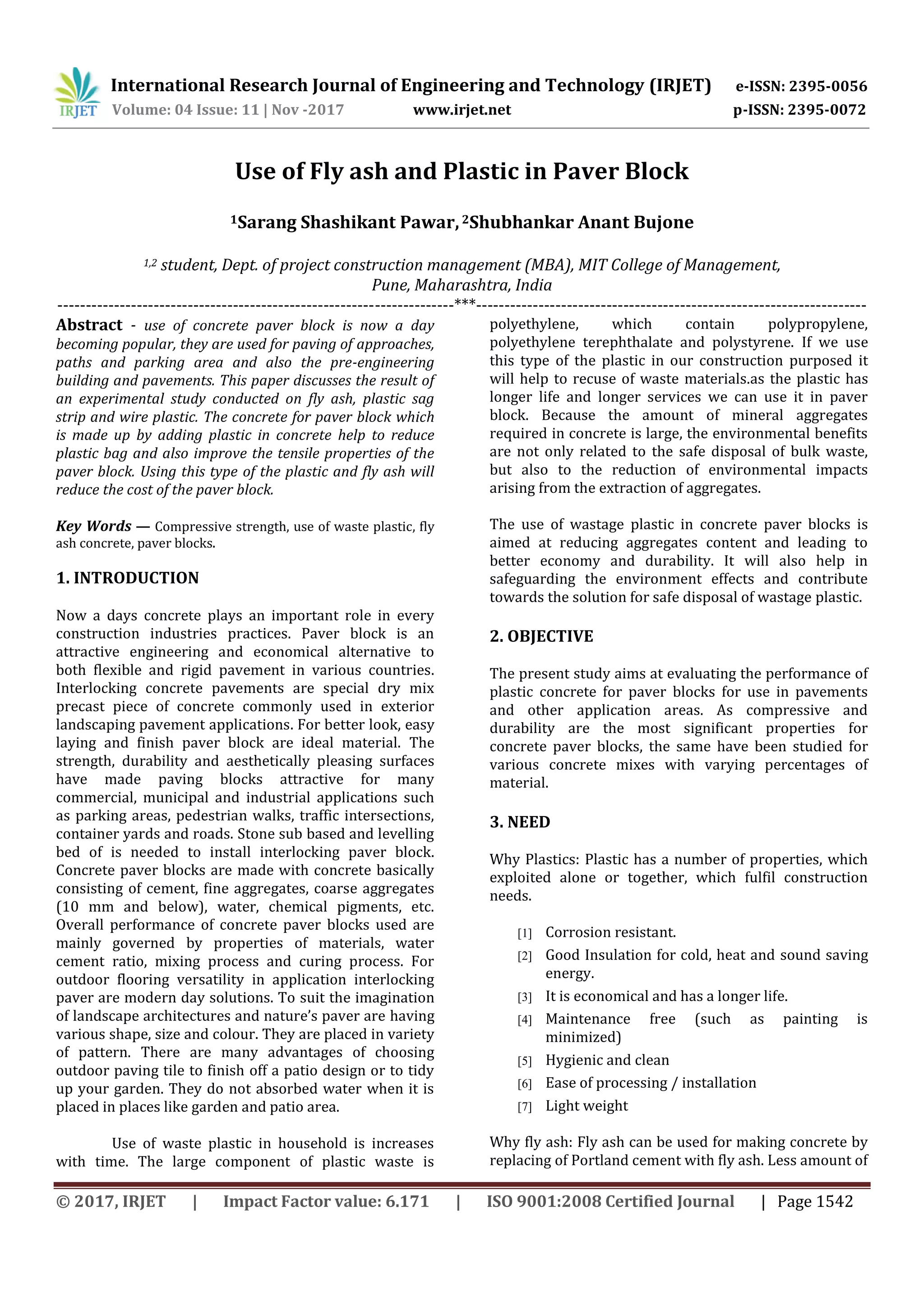 Use of Fly ash and Plastic in Paver Block | PDF