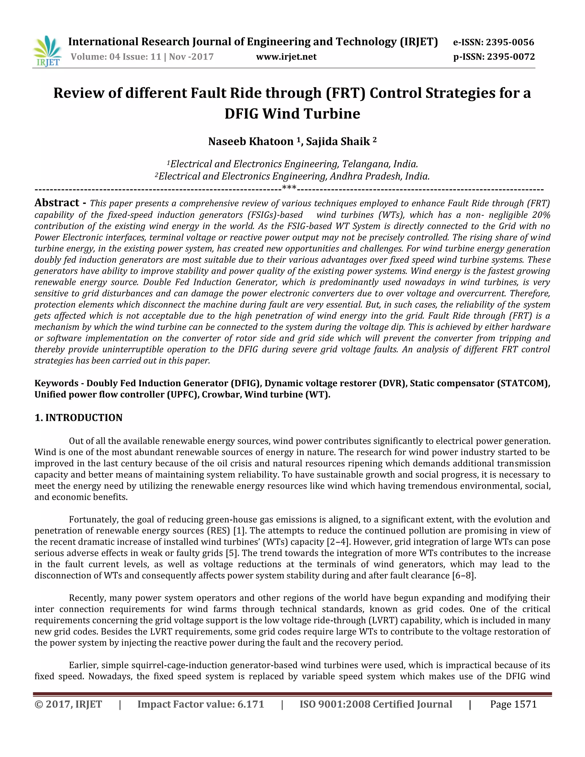 Review of different Fault Ride through (FRT) Control Strategies for a ...
