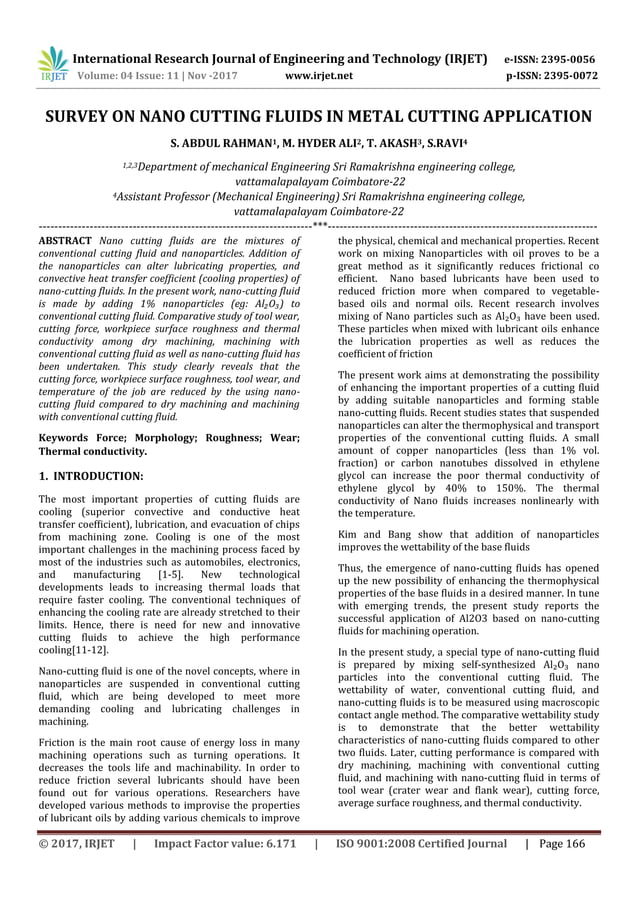 Survey on Nano Cutting Fluids in Metal Cutting Application | PDF
