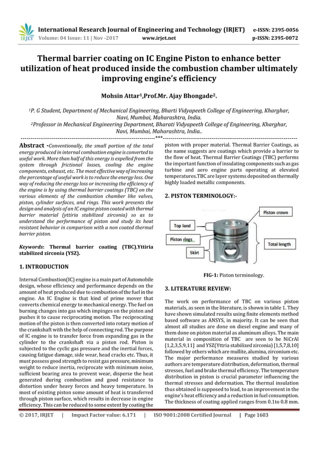 Thermal Barrier Coating on IC Engine Piston to Enhance Better ...