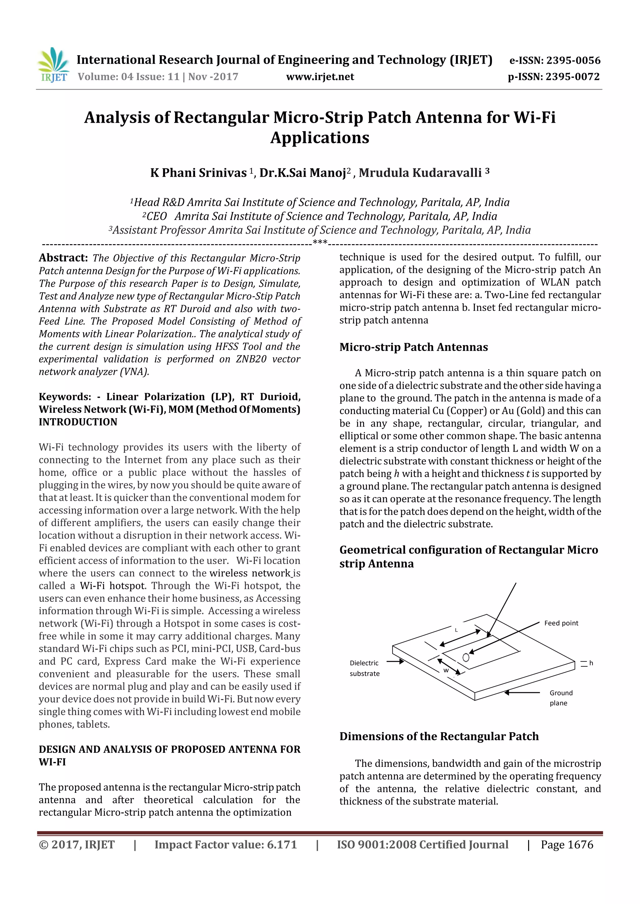Analysis of Rectangular Micro-Strip Patch Antenna for Wi-Fi Applications | PDF