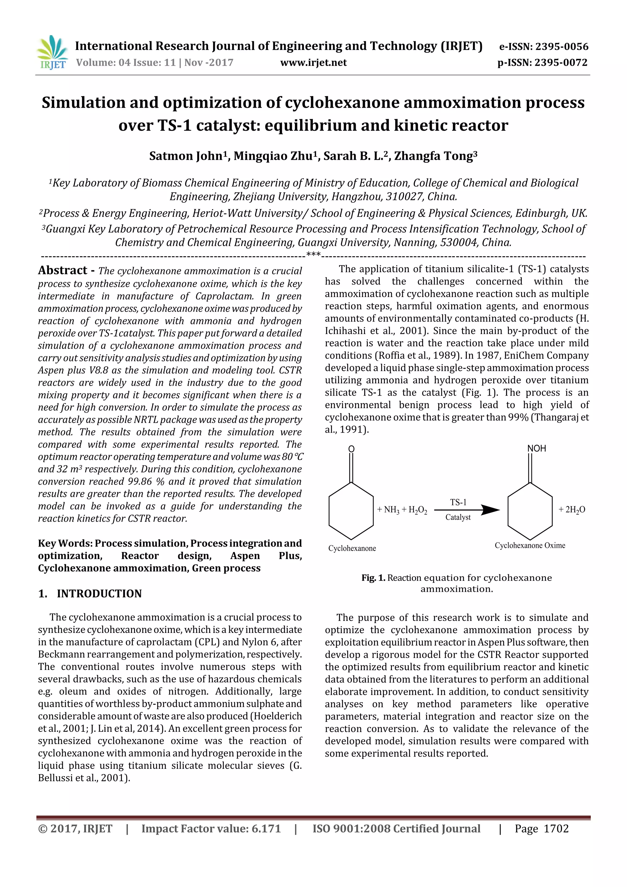 Simulation and Optimization of Cyclohexanone Ammoximation Process Over TS-1 Catalyst ...