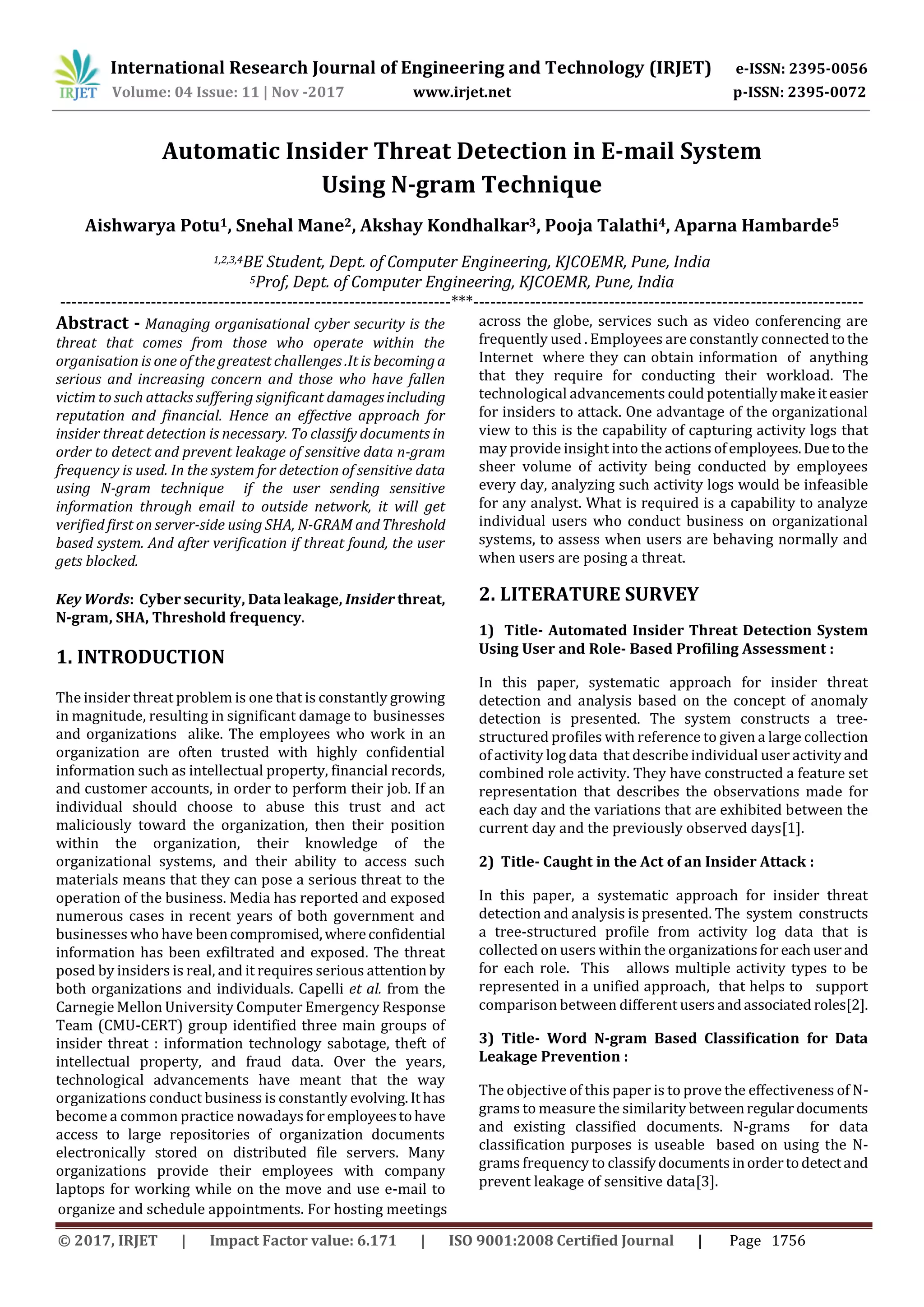 Automatic Insider Threat Detection in E-mail System using N-gram Technique | PDF | Information ...