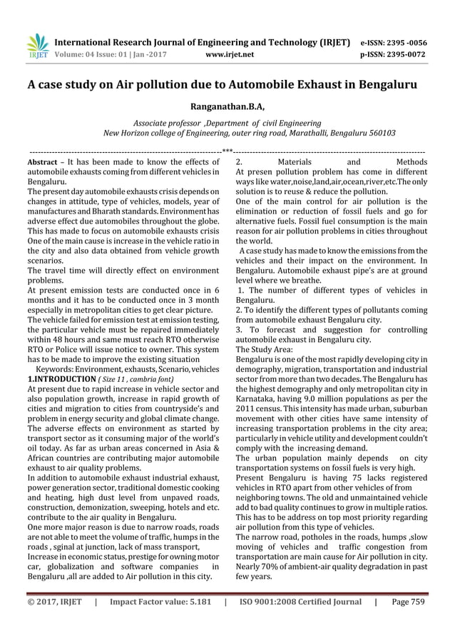 A case study on Air pollution due to Automobile Exhaust in Bengaluru | PDF