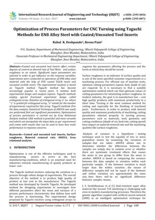 Optimization of Process Parameters for CNC Turning using Taguchi Methods for EN8 Alloy Steel ...