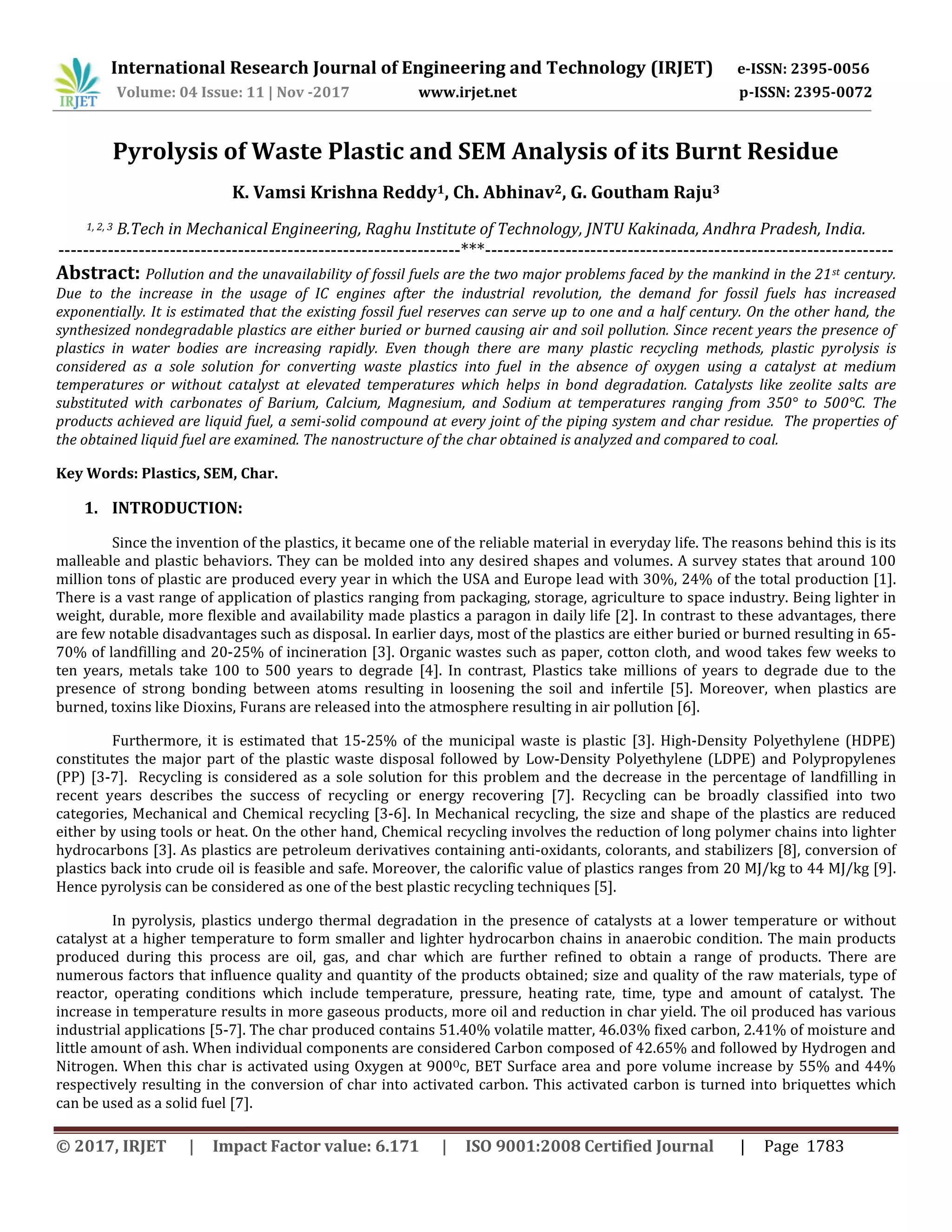 Pyrolysis of Waste Plastic and SEM Analysis of its Burnt Residue | PDF