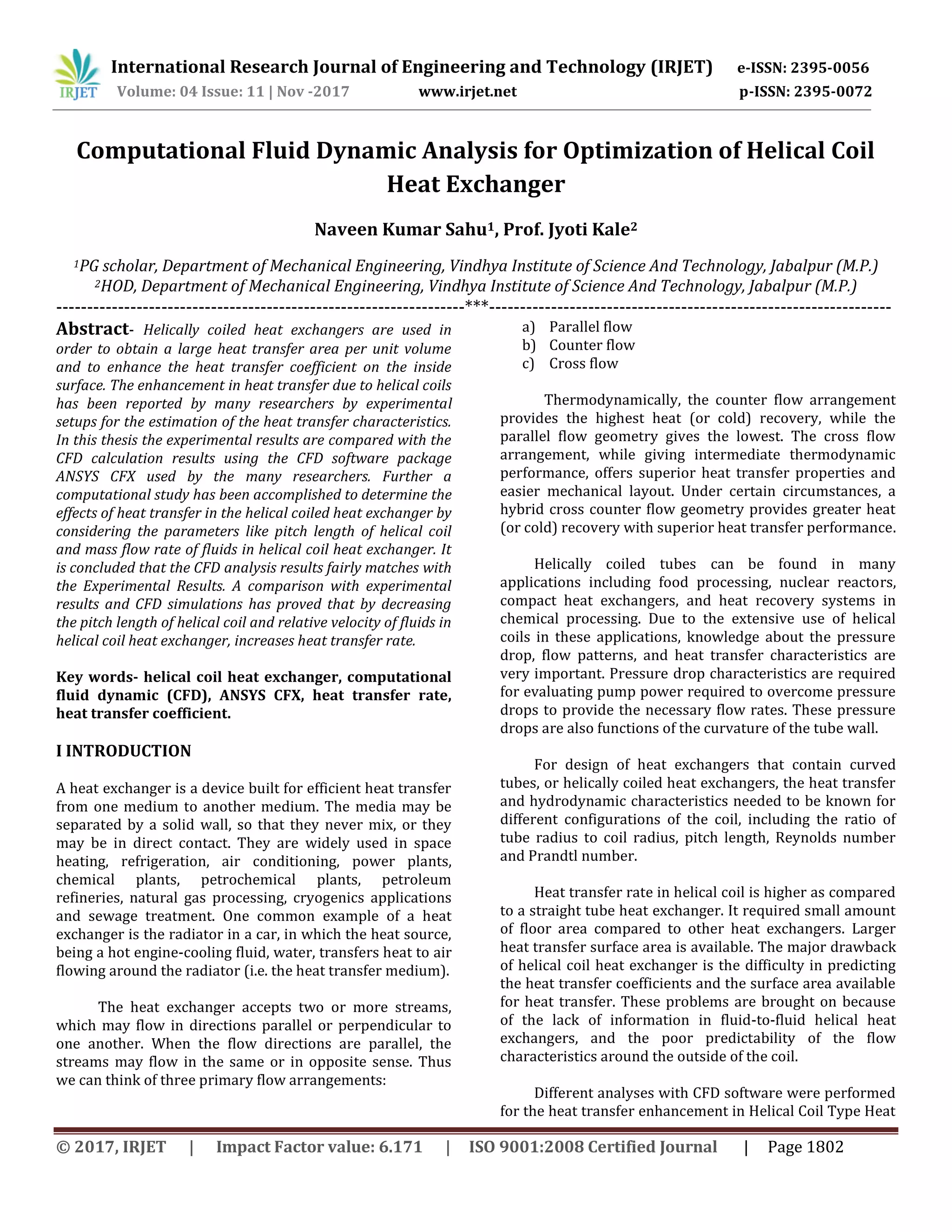 Computational Fluid Dynamic Analysis for Optimization of Helical Coil Heat Exchanger | PDF