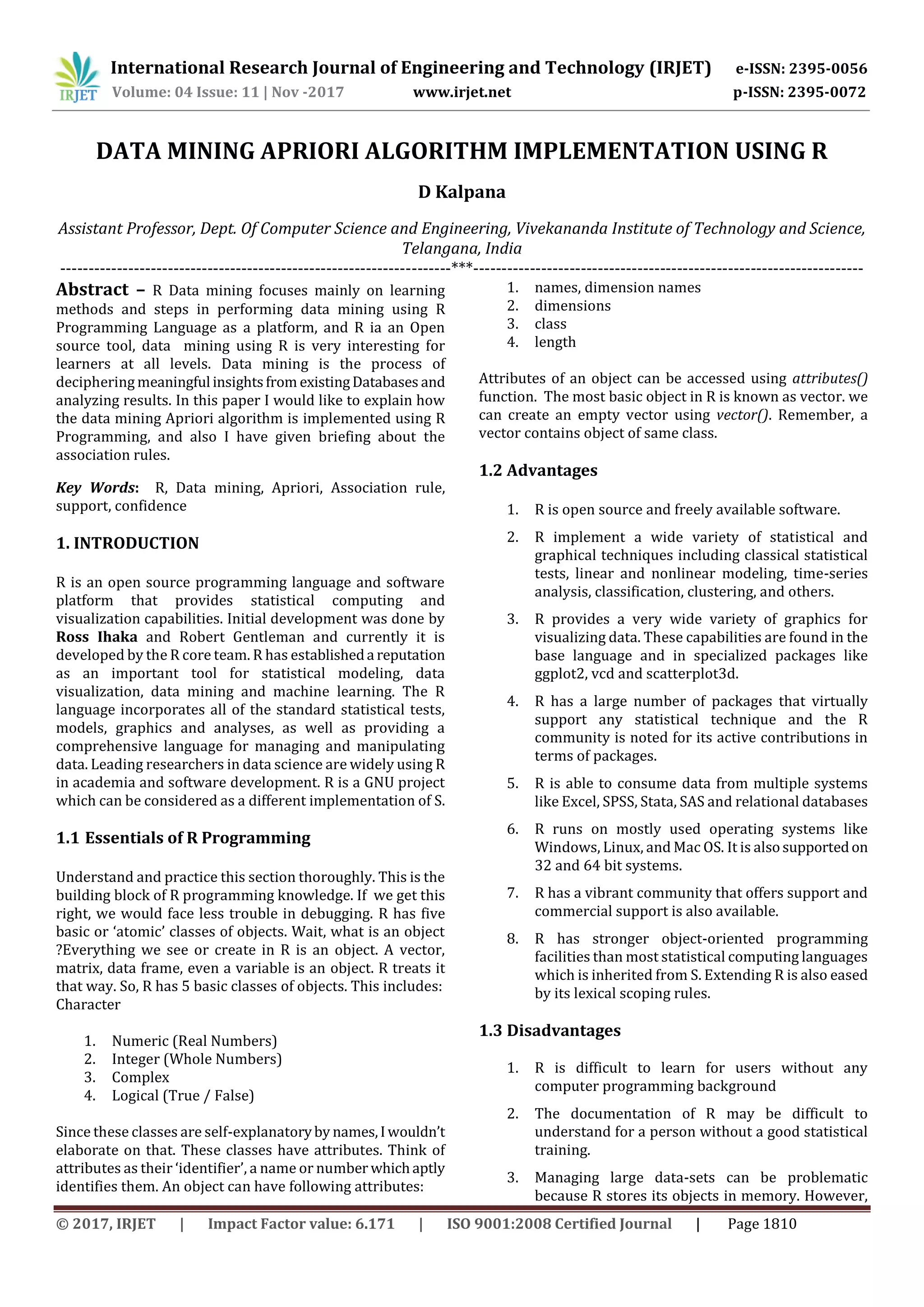 Data Mining Apriori Algorithm Implementation Using R Pdf