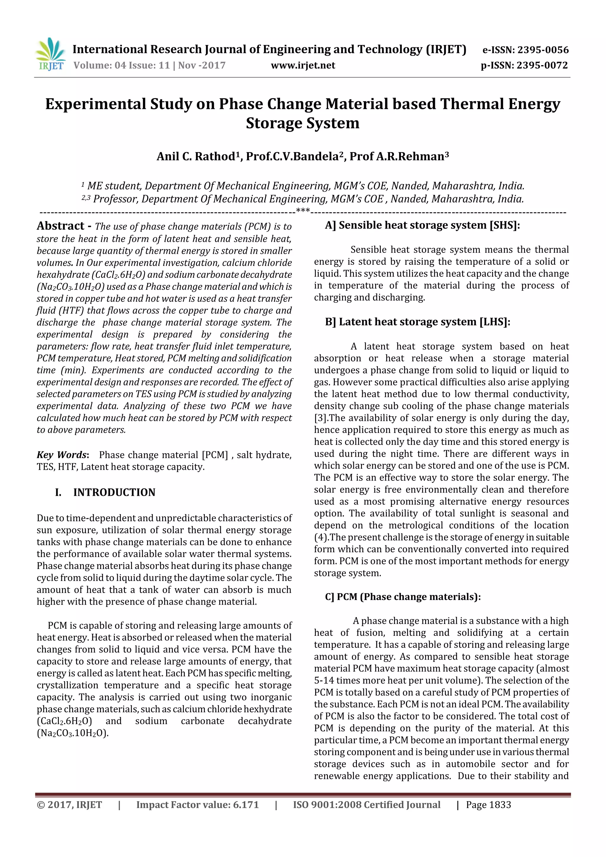 Experimental Study on Phase Change Material based Thermal Energy ...