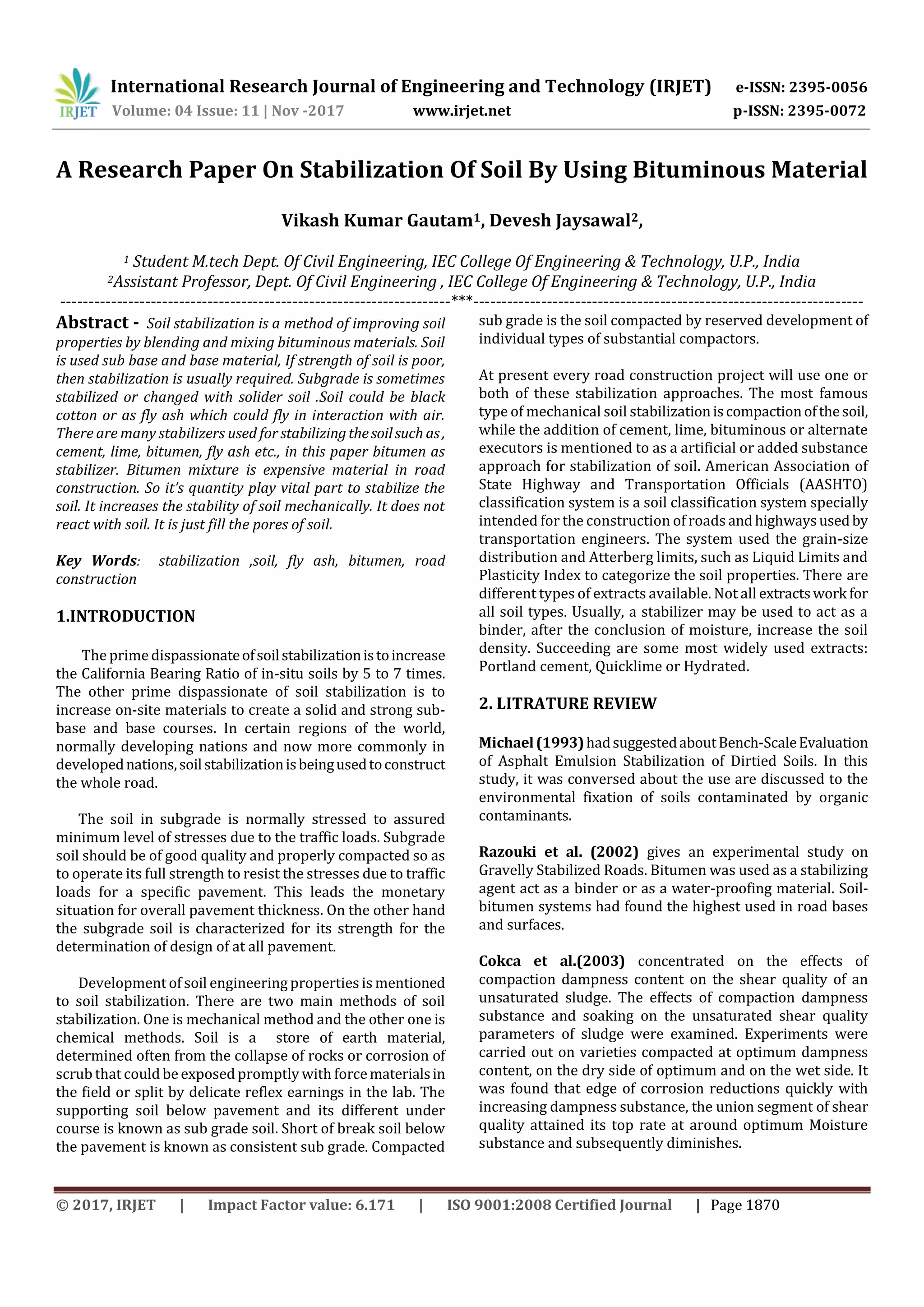 A Research Paper on Stabilization of Soil by using Bituminous Material ...