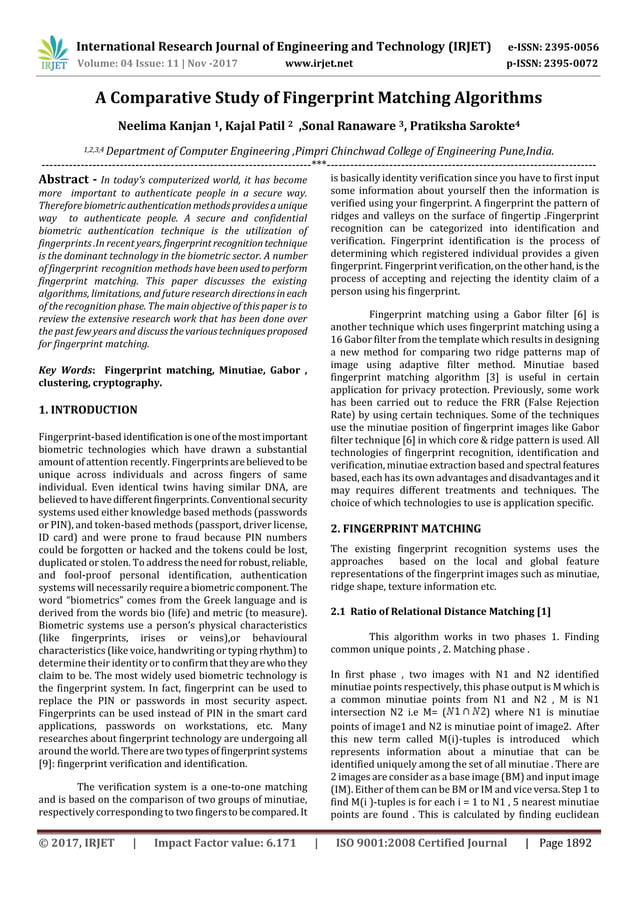 A Comparative Study of Fingerprint Matching Algorithms | PDF