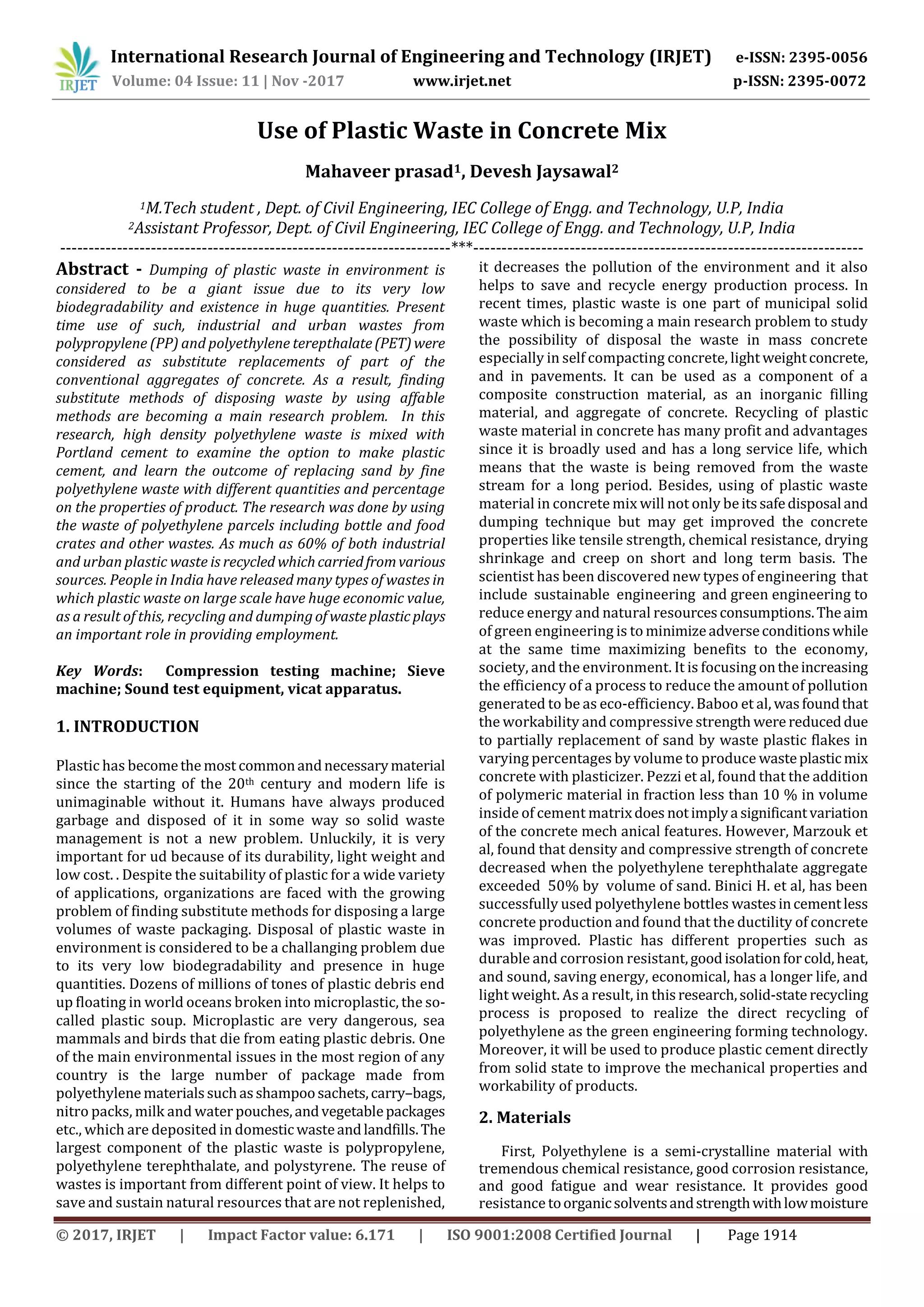 Use of Plastic Waste in Concrete Mix | PDF