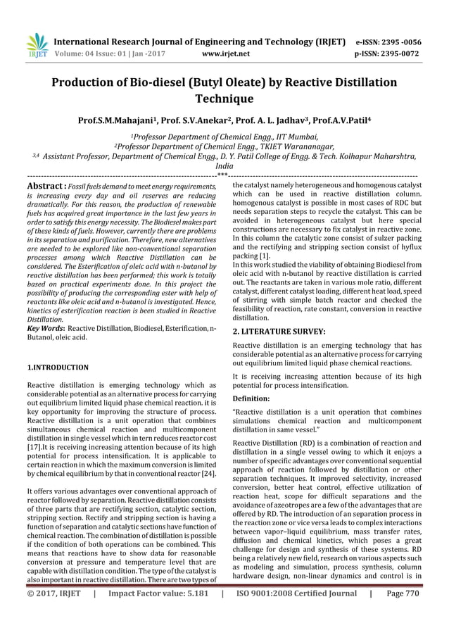 Production of Bio-diesel (Butyl Oleate) by Reactive Distillation Technique | PDF