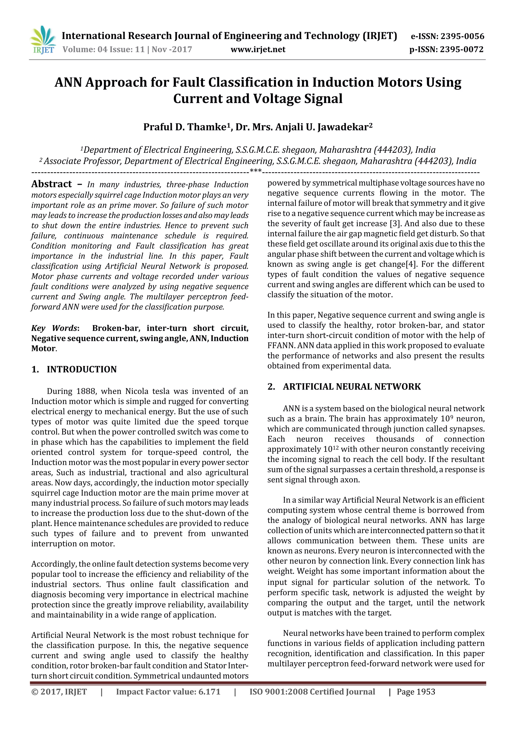 Ann Approach For Fault Classification In Induction Motors Using Current And Voltage Signal Pdf