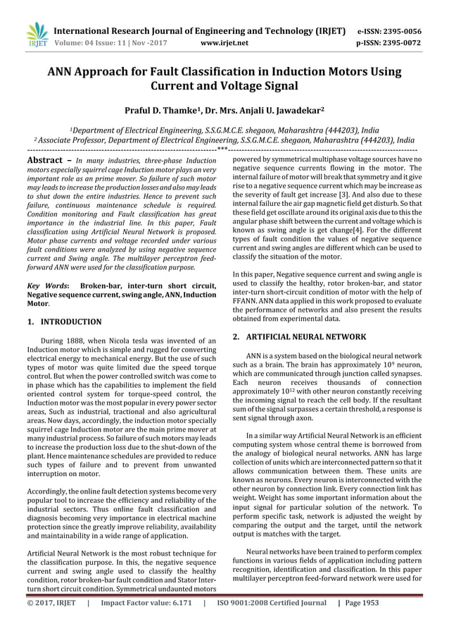 ANN Approach for Fault Classification in Induction Motors using Current and Voltage Signal | PDF ...