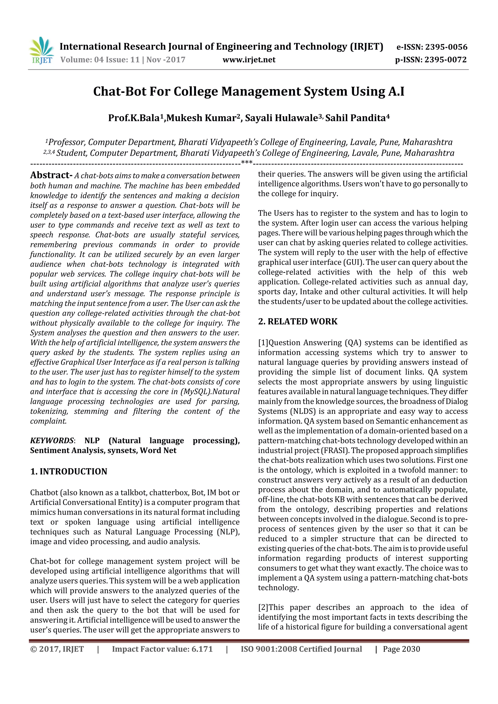 Chat-Bot for College Management System using A.I | PDF