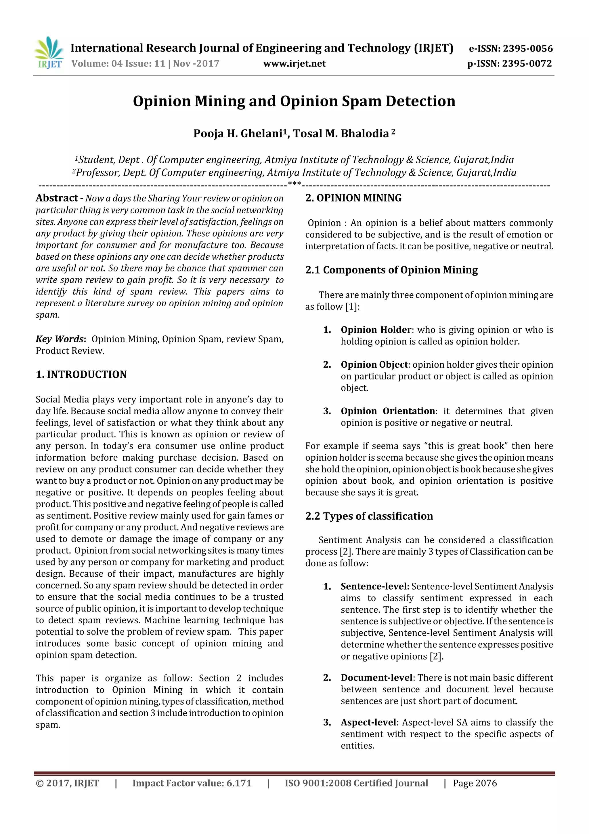 Opinion Mining and Opinion Spam Detection | PDF