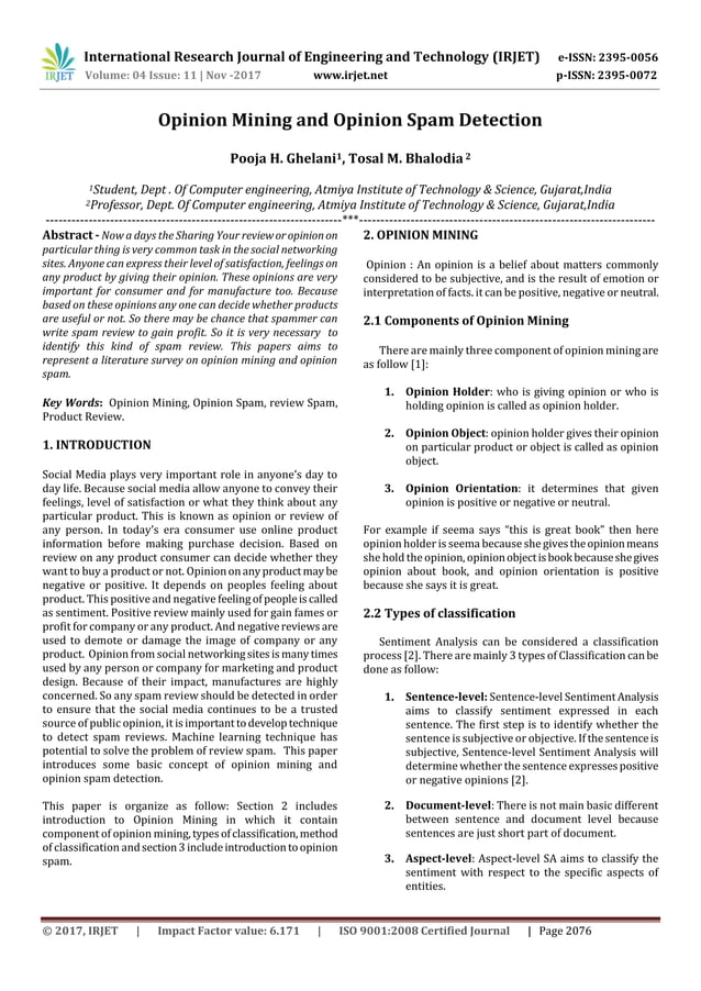 Opinion Mining and Opinion Spam Detection | PDF