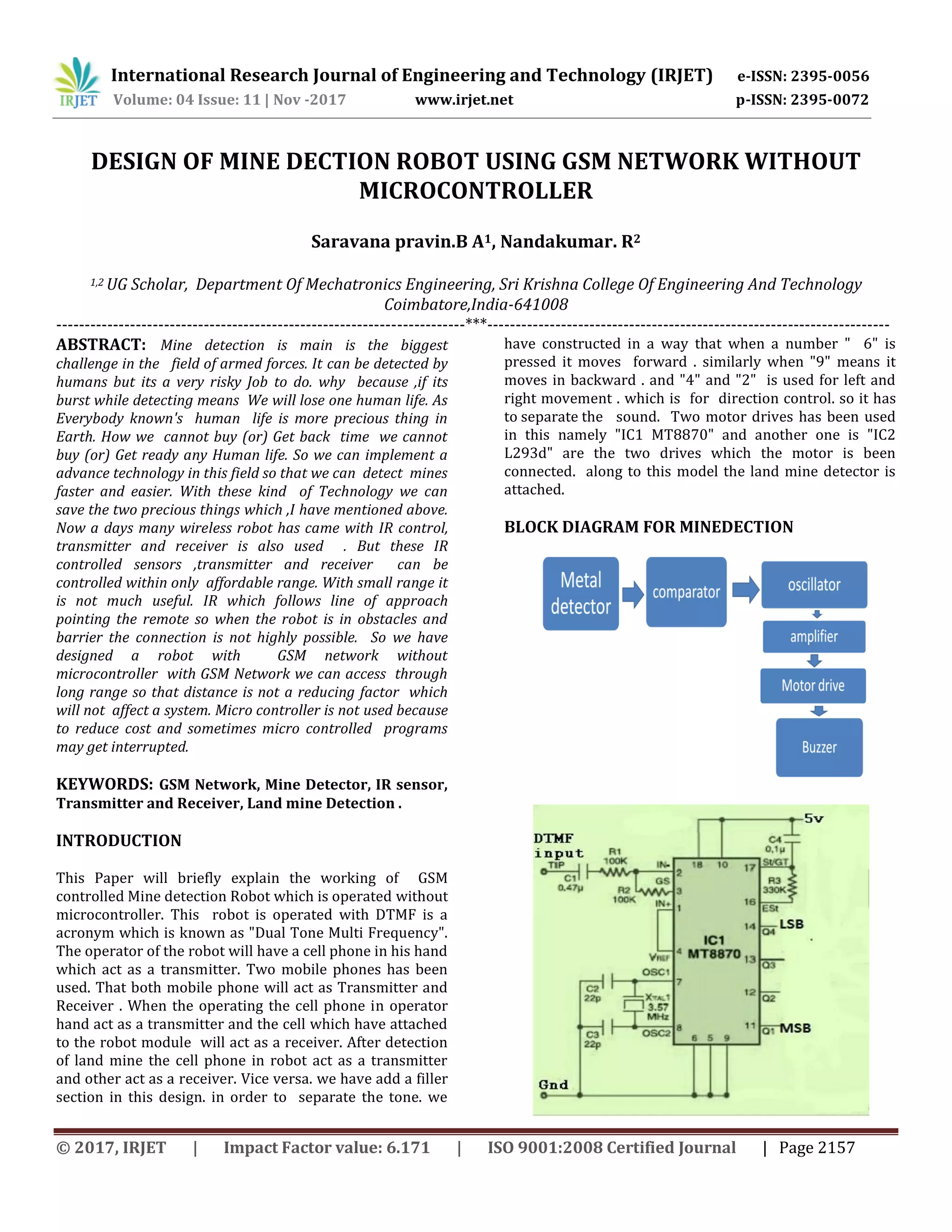 Design of Mine Dection Robot using GSM Network without Microcontroller | PDF