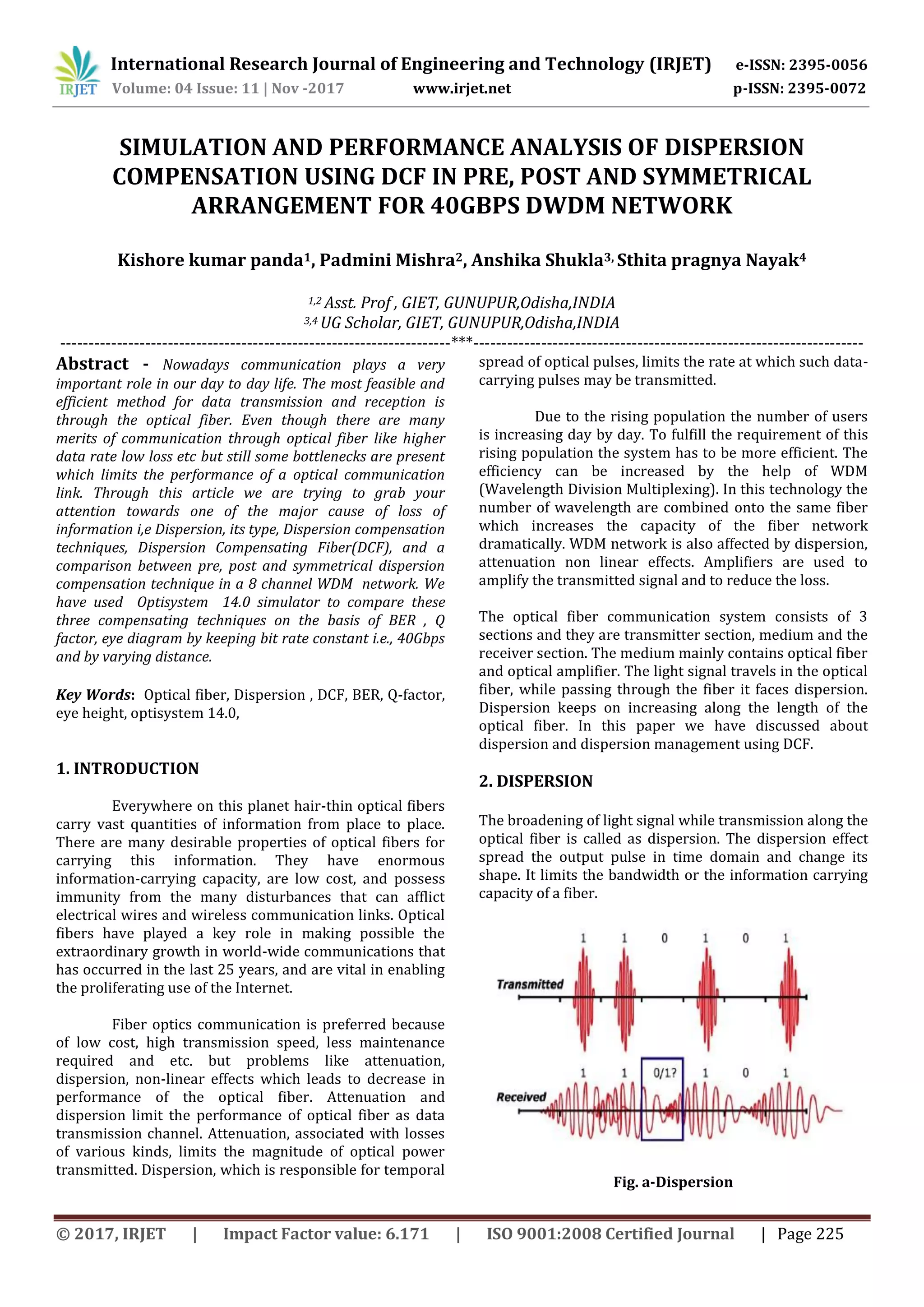 Simulation and Performance Analysis of Dispersion Compensation using DCF in Pre, Post and ...