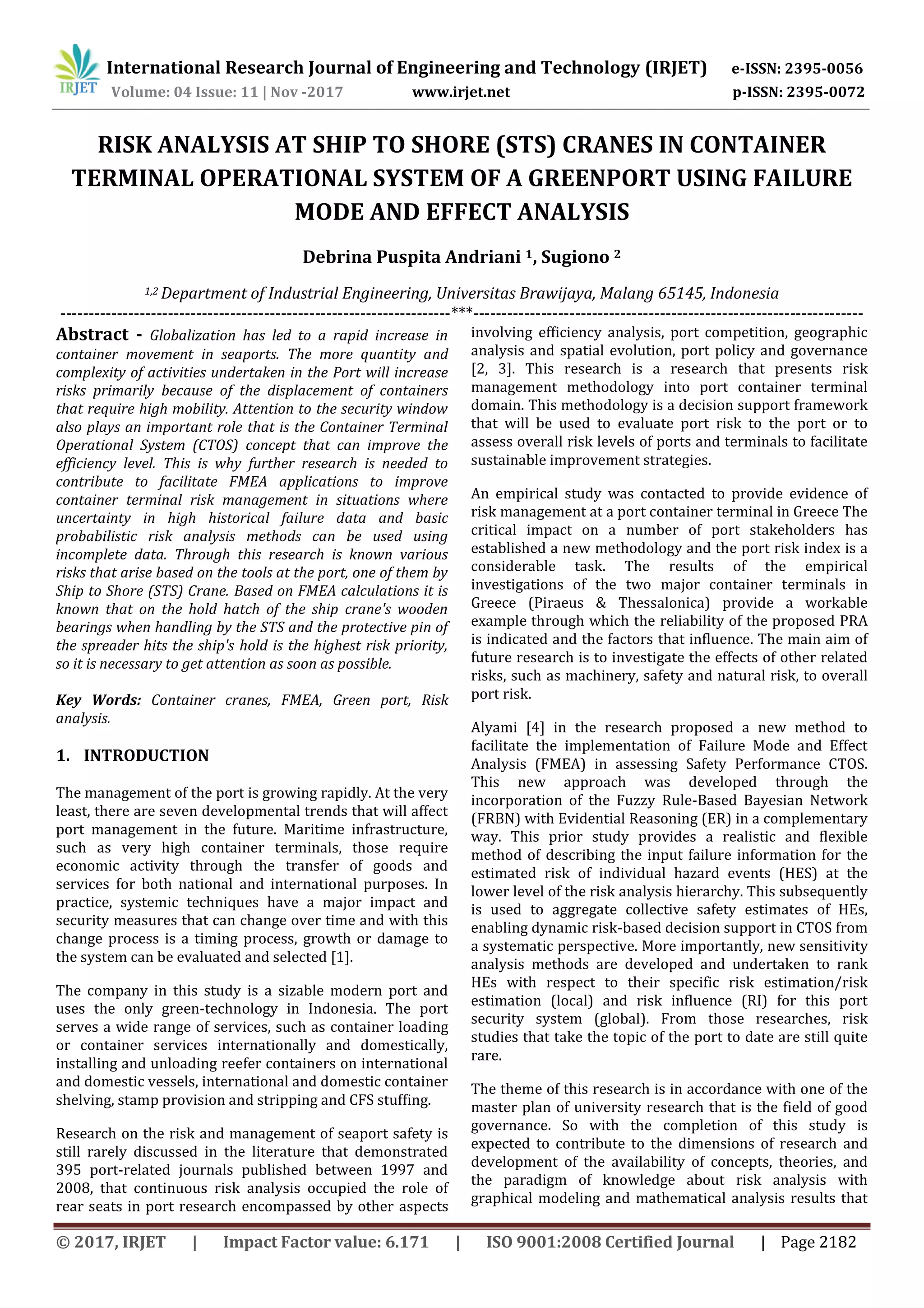 Risk Analysis at Ship to Shore (STS) Cranes in Container Terminal Operational System of a ...