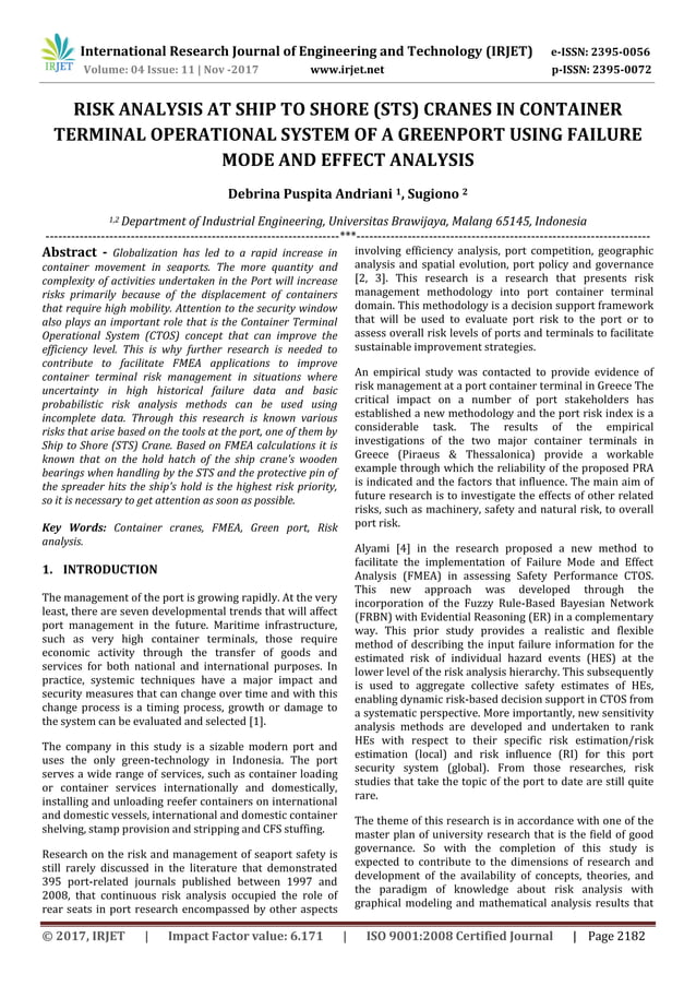 Risk Analysis at Ship to Shore (STS) Cranes in Container Terminal Operational System of a ...