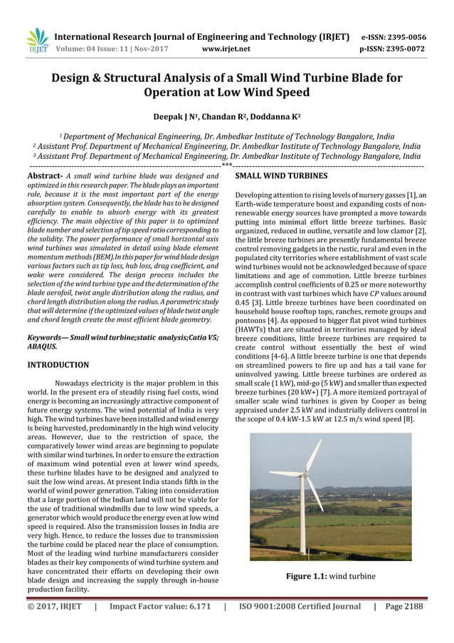 Design & Structural Analysis of a Small Wind Turbine Blade for Operation at Low Wind Speed | PDF