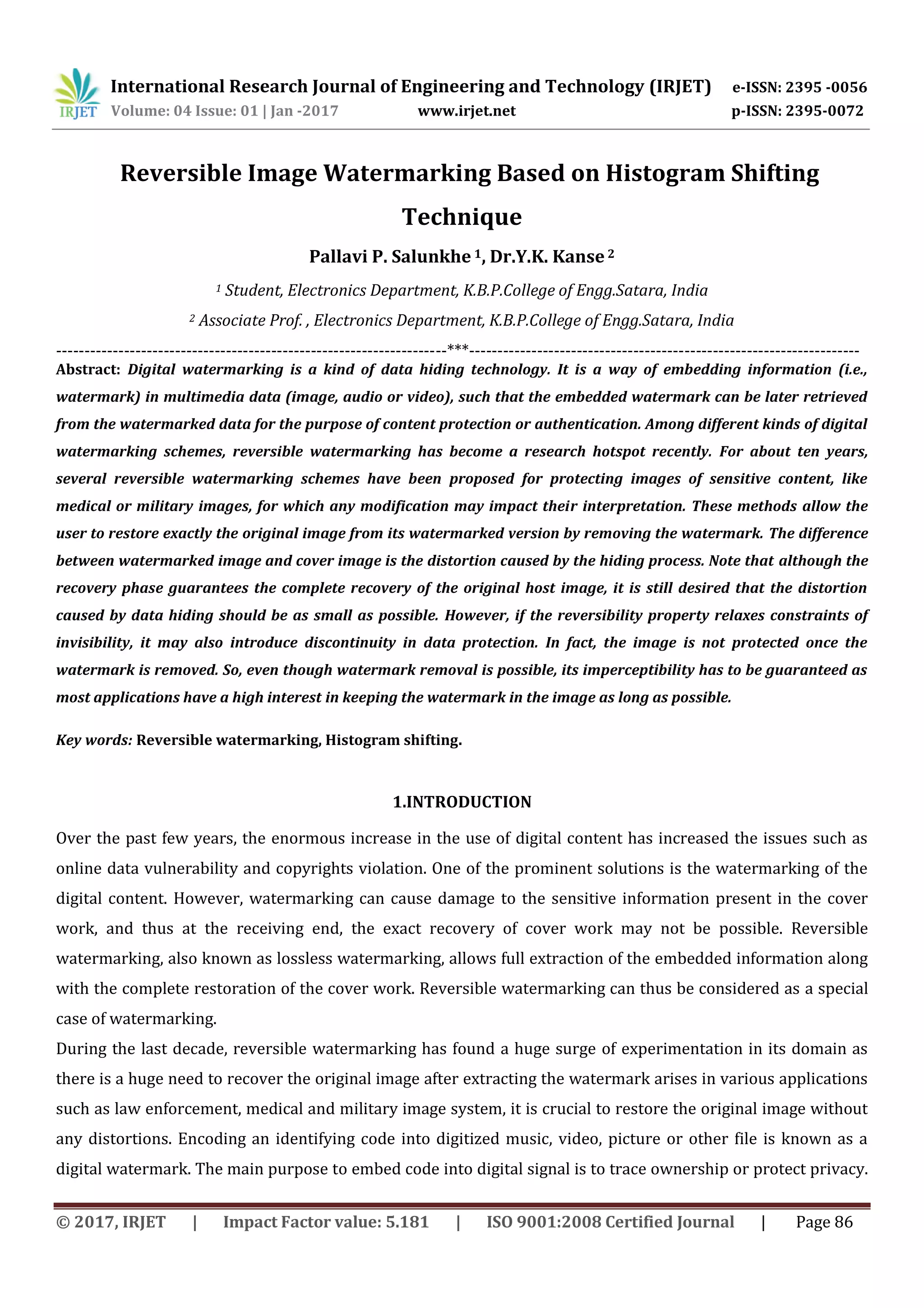 Reversible Image Watermarking Based on Histogram Shifting Technique | PDF