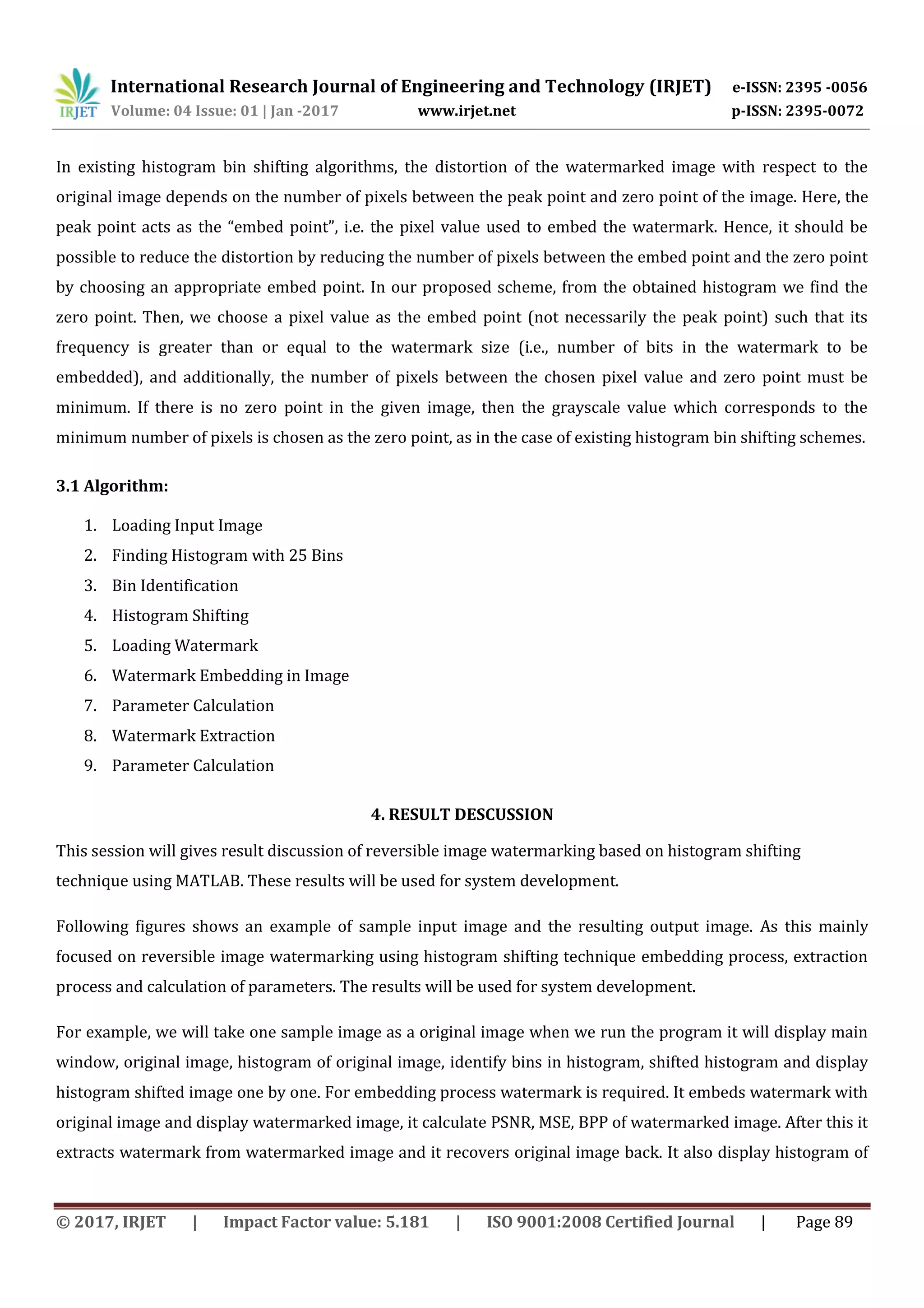 Reversible Image Watermarking Based on Histogram Shifting Technique | PDF