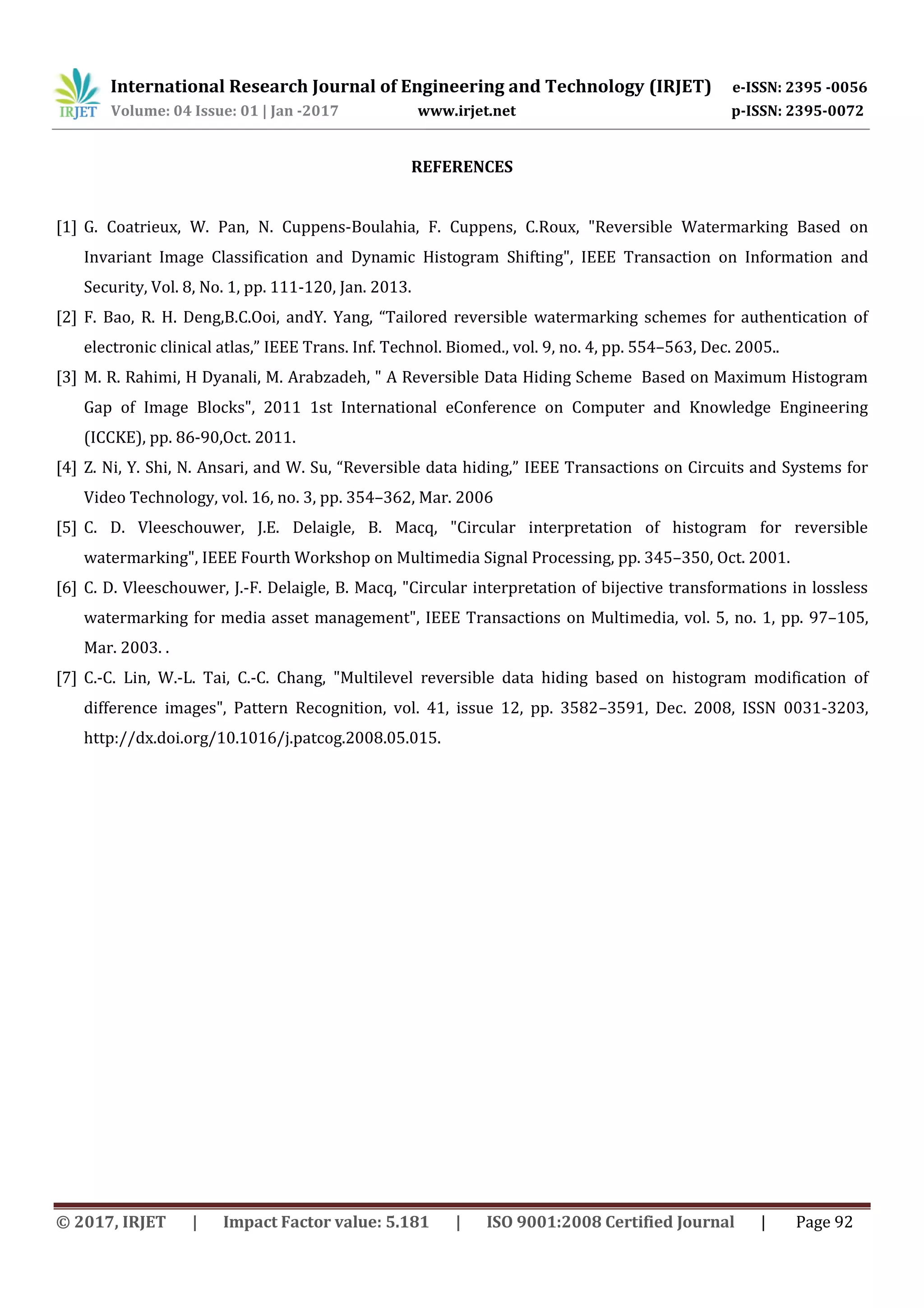 Reversible Image Watermarking Based on Histogram Shifting Technique | PDF