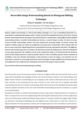 Reversible Image Watermarking Based on Histogram Shifting Technique | PDF