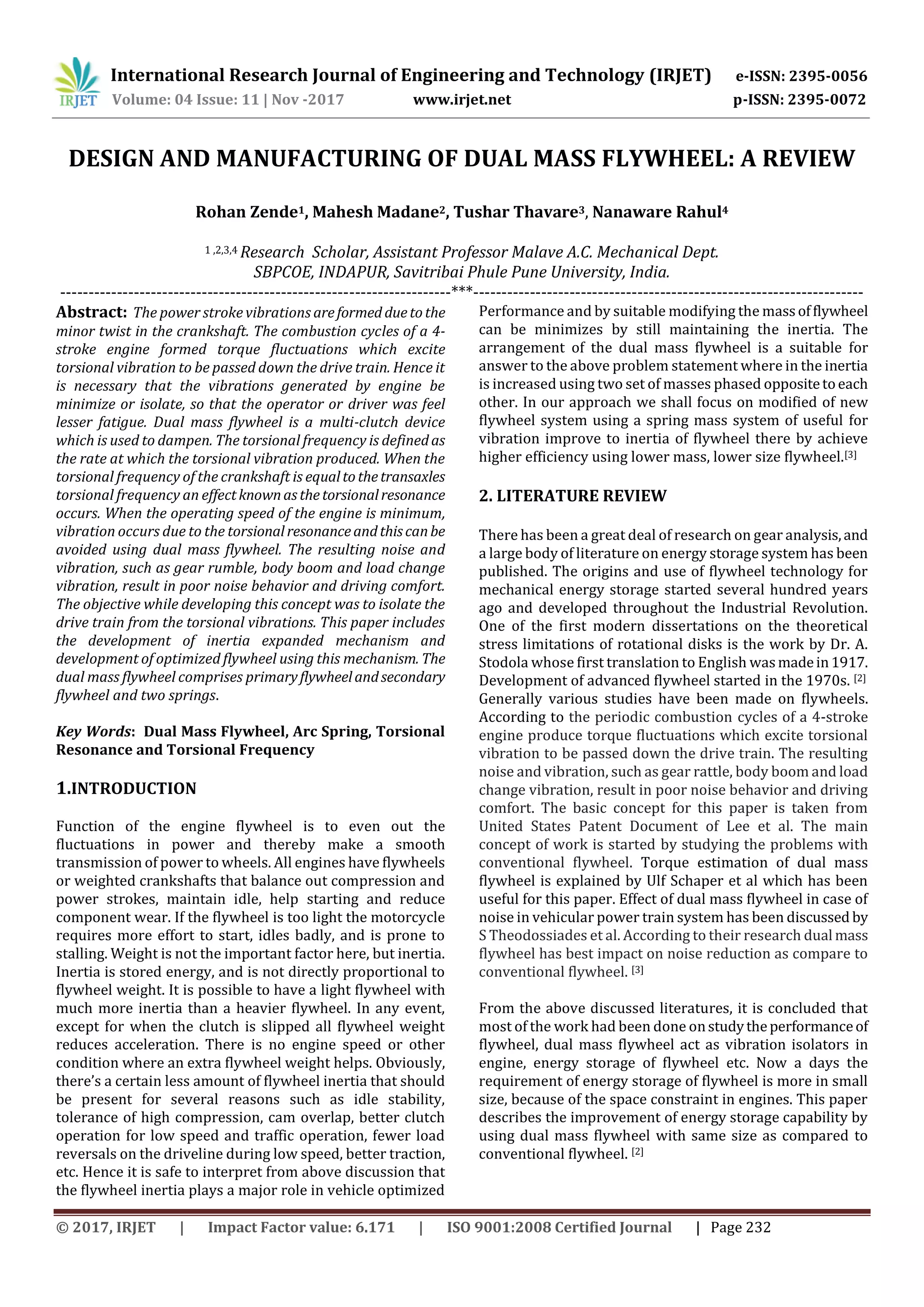 Design and Manufacturing of Dual Mass Flywheel :A Review | PDF
