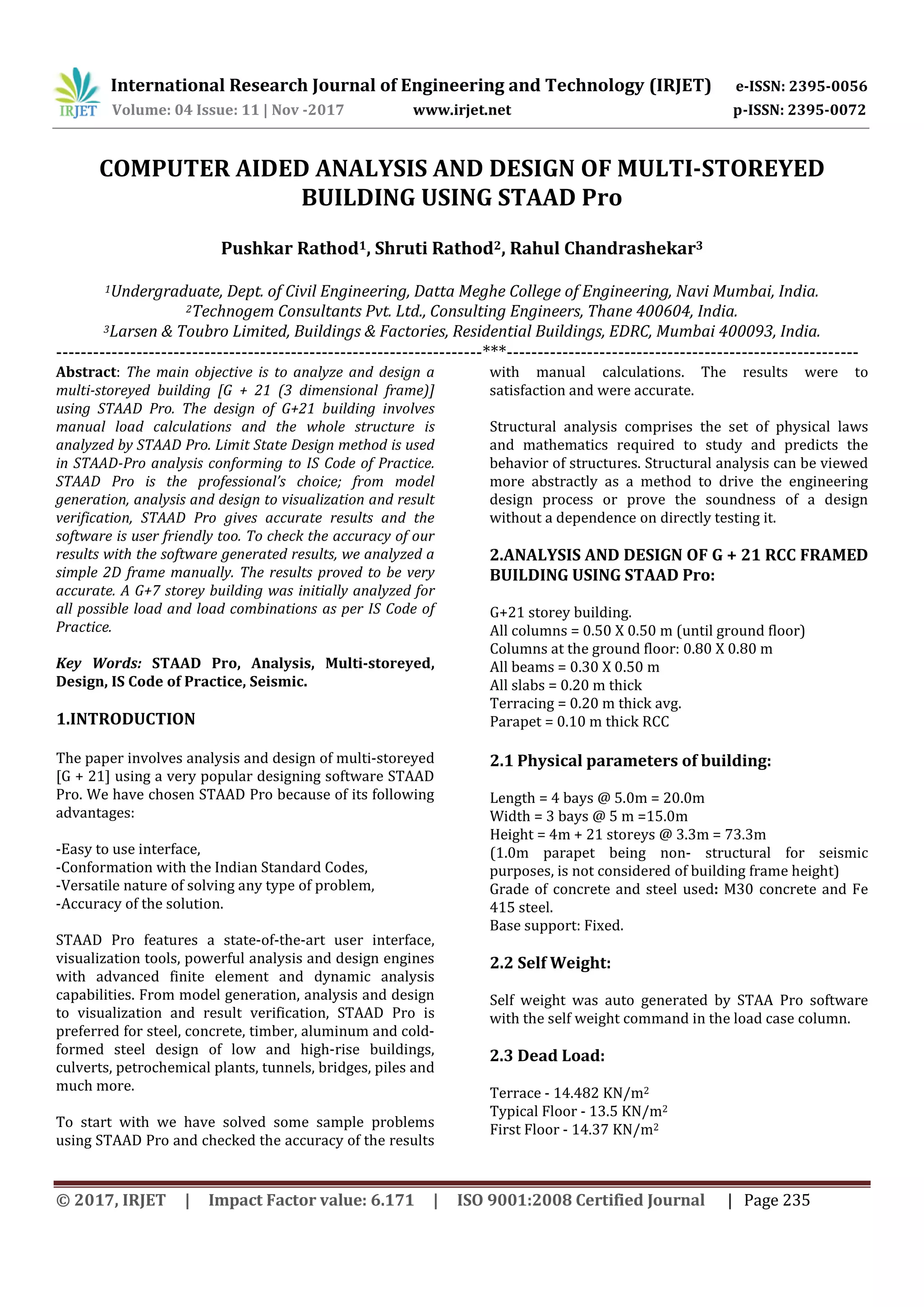 Computer Aided Analysis and Design of Multi-Storeyed Building using Staad Pro | PDF